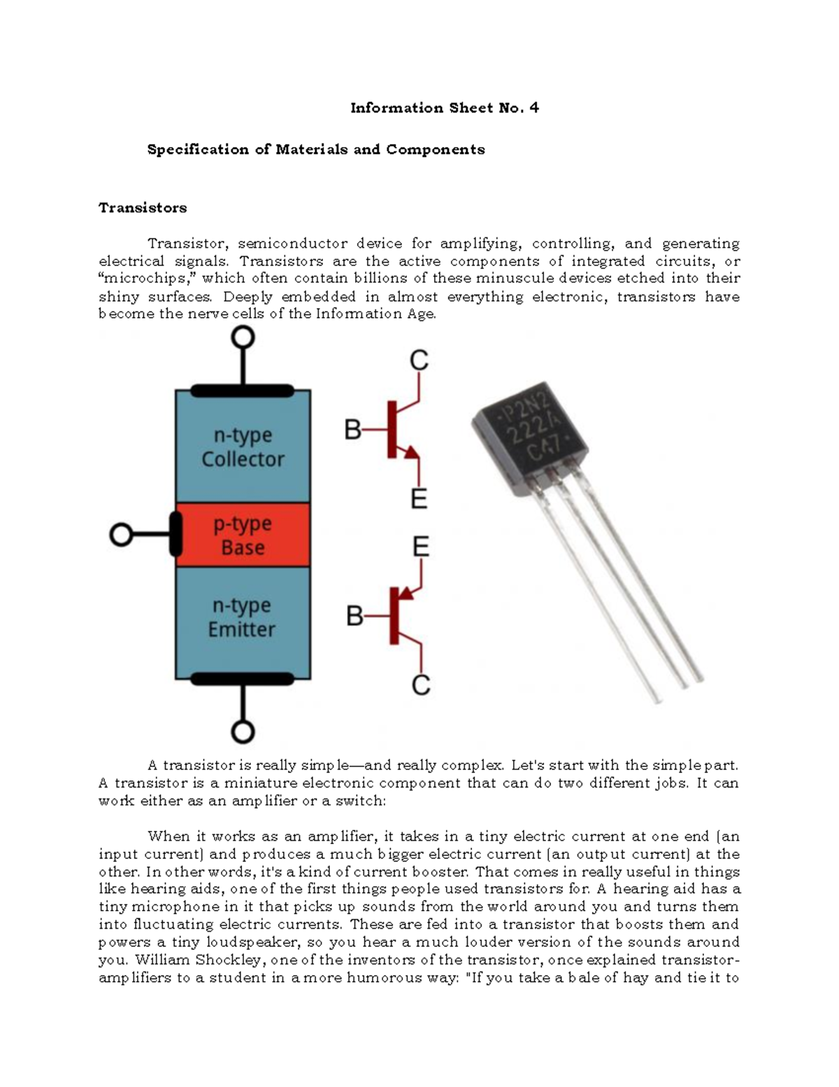 Info Sheet 5 Specs of Materials and Components transistor - Information ...