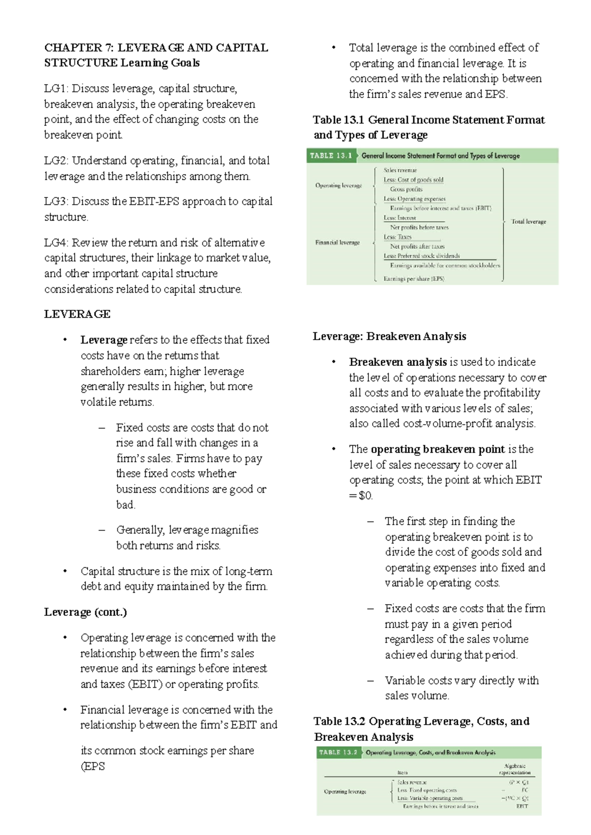 Chapter-7 Bafin - CHAPTER 7: LEVERAGE AND CAPITAL STRUCTURE Learning Goals LG1: Discuss leverage ...