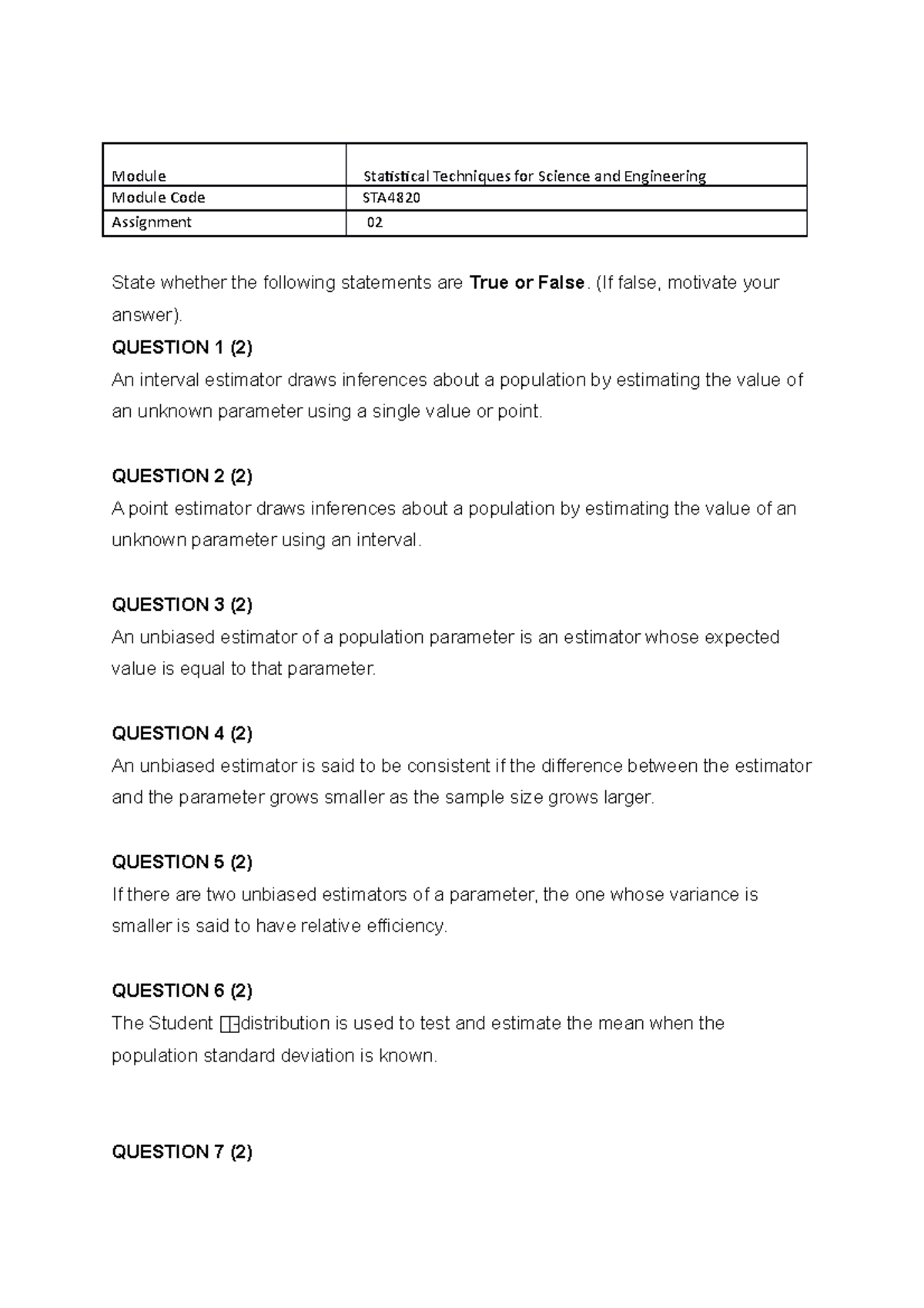 Statistics Assignment - Module Statistical Techniques for Science and ...