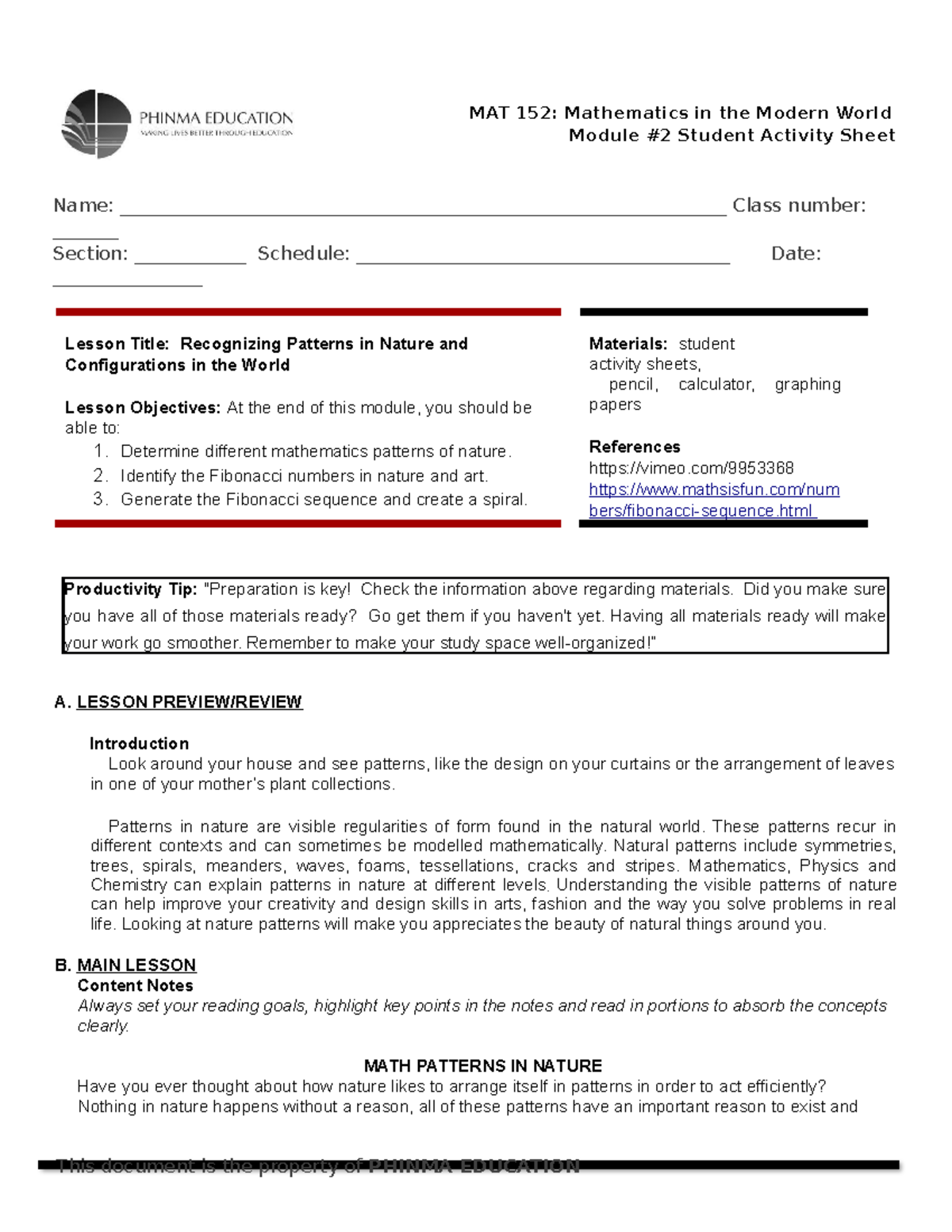 SAS#02-MAT 152 Fibonacci Sequence - Module #2 Student Activity Sheet ...