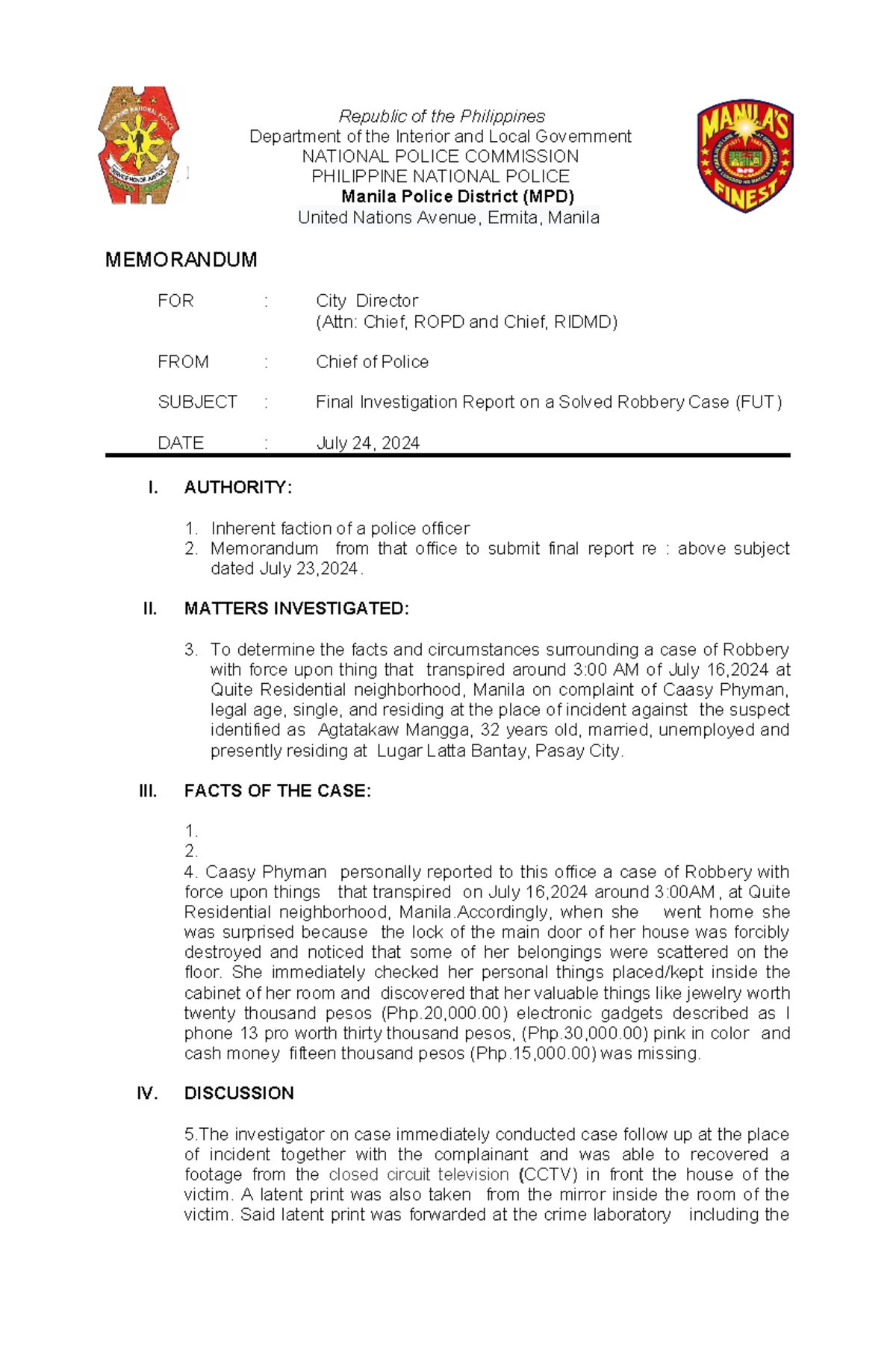 Final Investigation Report re Robbery Liro - Republic of the ...