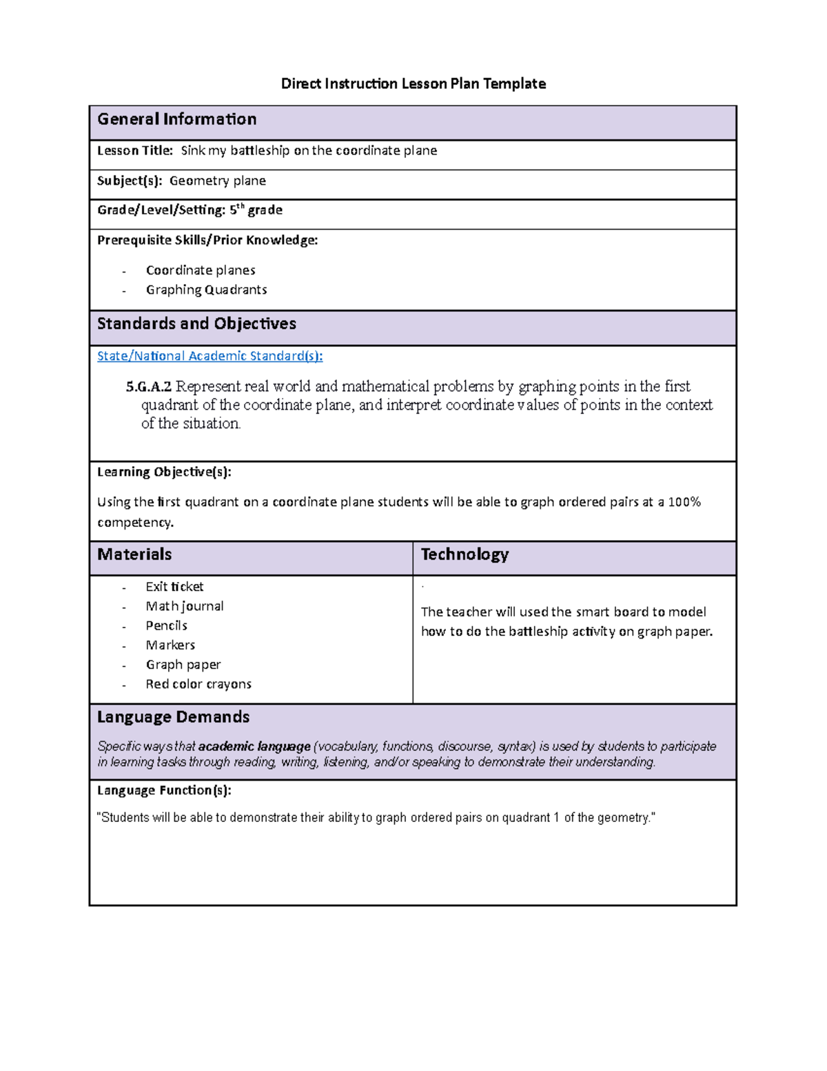 AVA2 lesson plan 1 - Direct Instruction Lesson Plan Template General ...