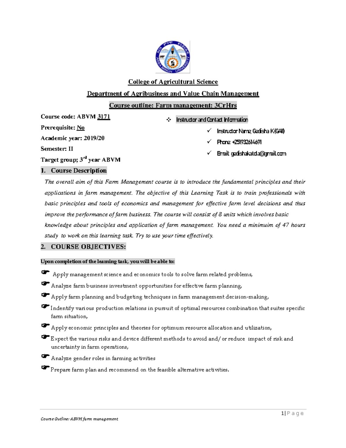 Farm management course outline - Econometric - AMU - Studocu