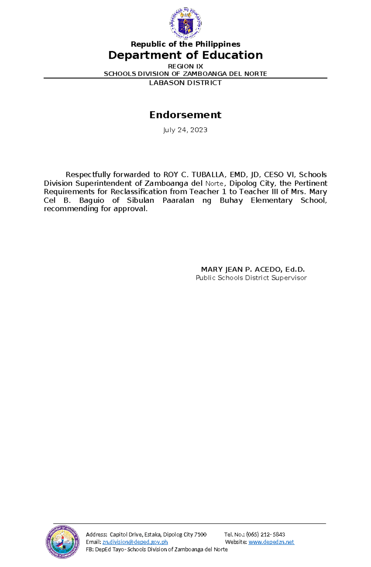 Endorsement- Letter baguio - Department of Education REGION IX SCHOOLS ...