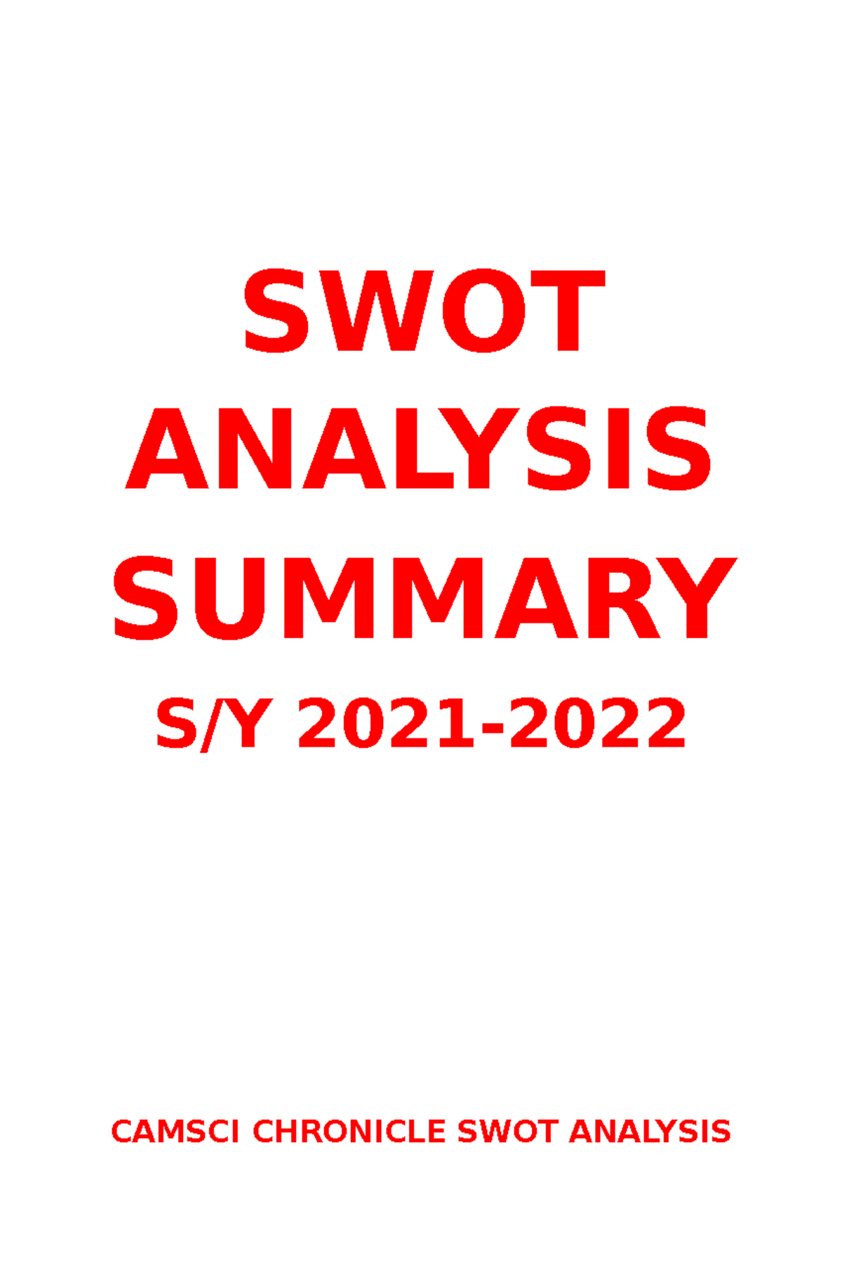 SWOT Analysis Summary - SWOT ANALYSIS SUMMARY S/Y 2021- CAMSCI ...