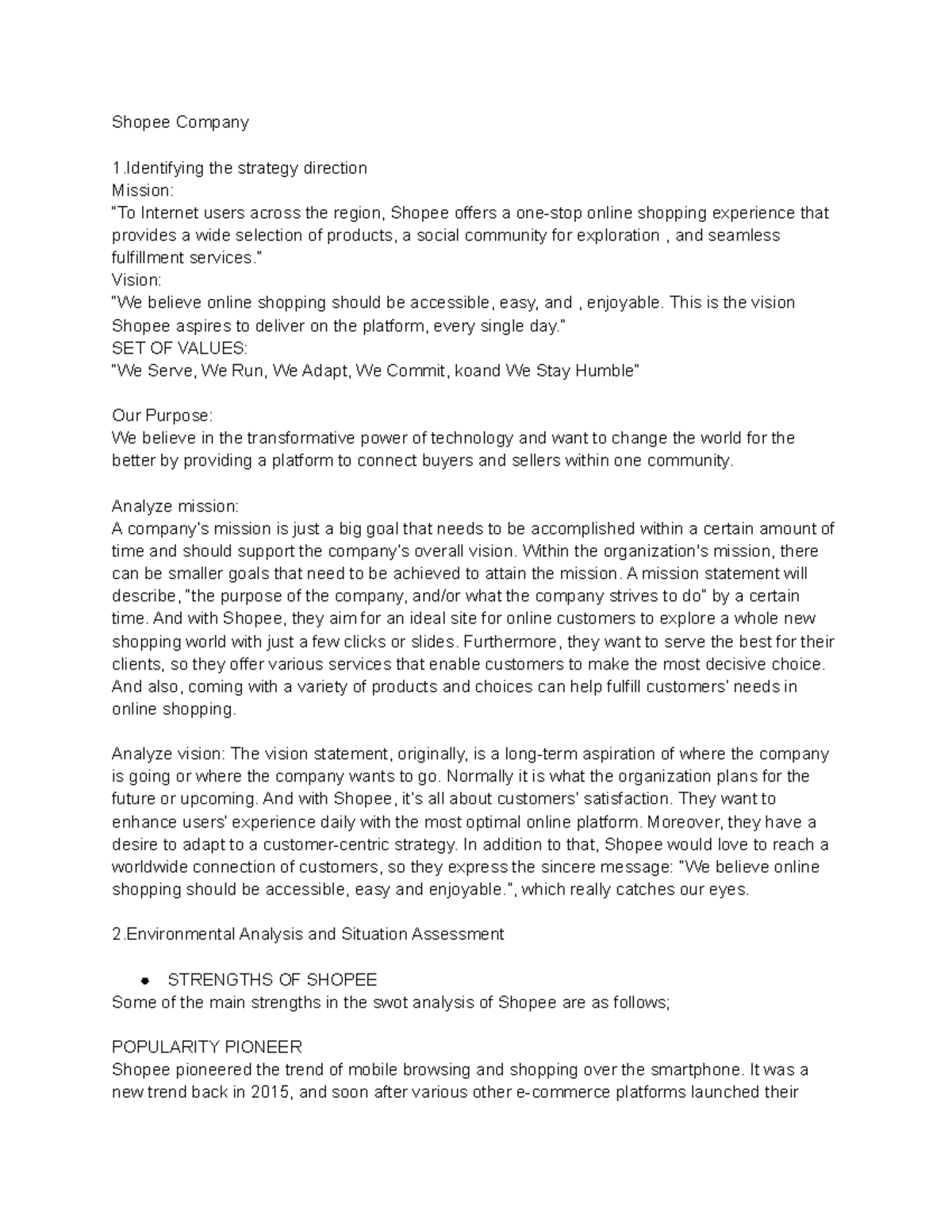 Shopee Company 6 - Assignment - Shopee Company 1 the strategy direction ...