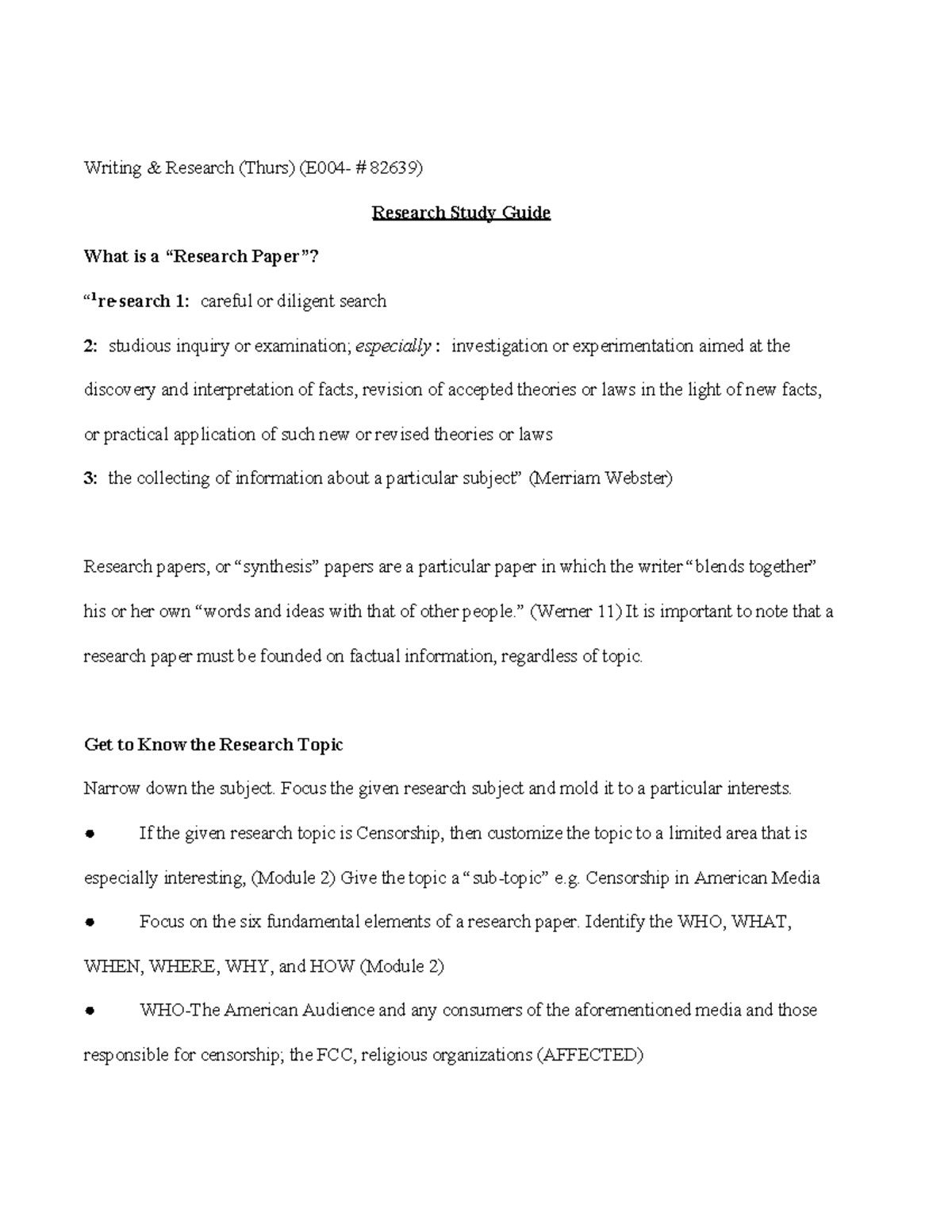 Research Study Guide - Writing & Research (Thurs) (E004- # 82639 ...