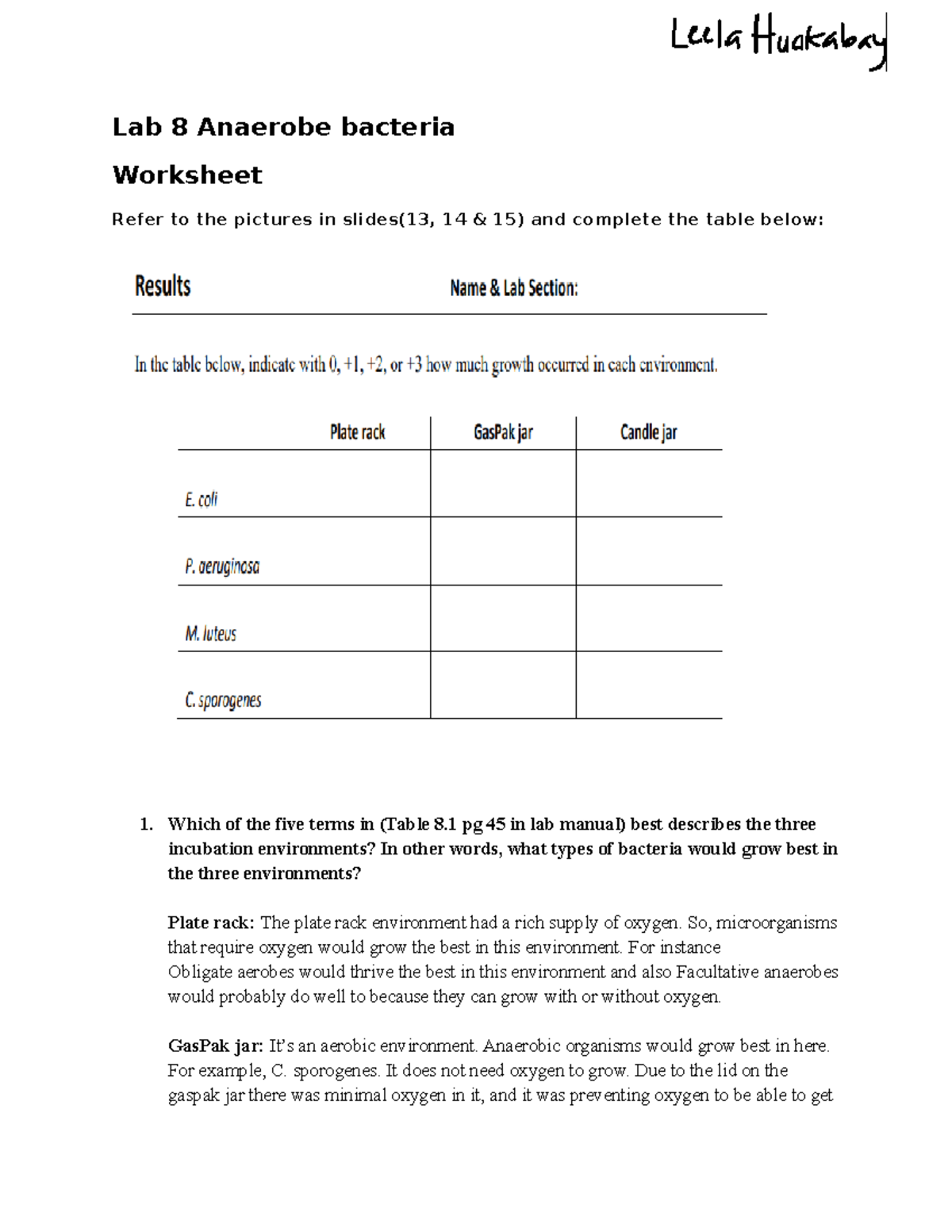 LHuckabay Lab 8 Anaerobe bacteria - Lab 8 Anaerobe bacteria Worksheet ...
