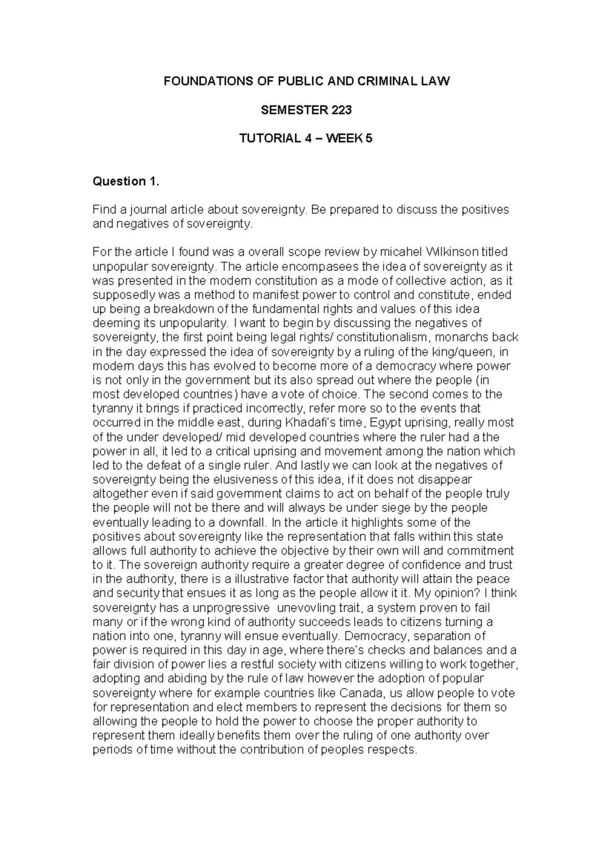Tutorial 4 - week 5 - 223 - FOUNDATIONS OF PUBLIC AND CRIMINAL LAW ...