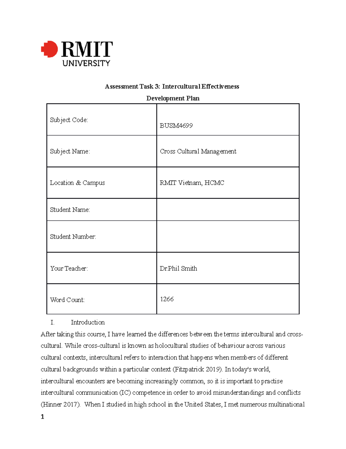 ASM3 crossculturaalmanagement BUSM4699 - Assessment Task 3 ...