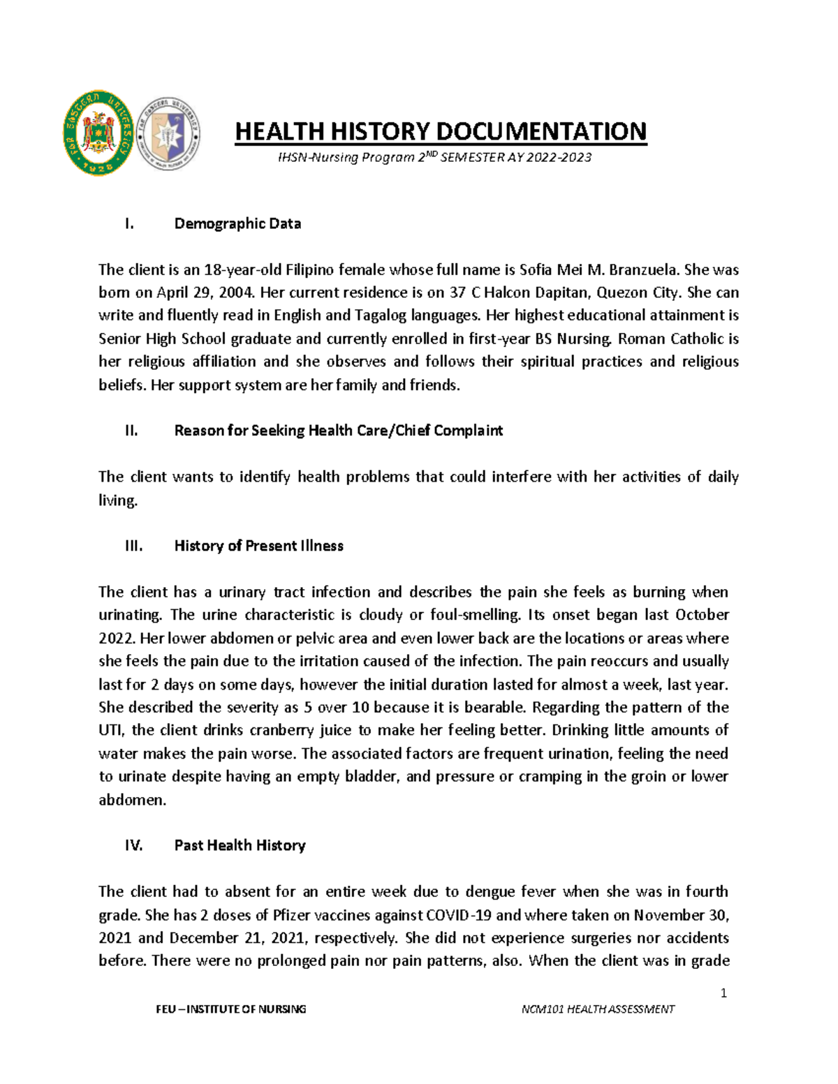 BSN-128 DOCU-HHT - Sample study - 1 HEALTH HISTORY DOCUMENTATION IHSN ...