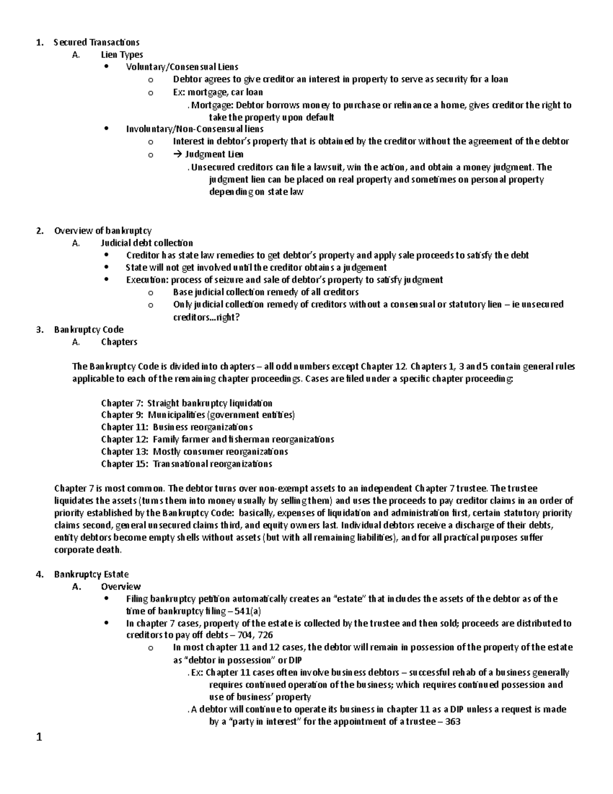 1.1029 Bkrptcyout - OUtline - Secured Transactions A. Lien Types ...