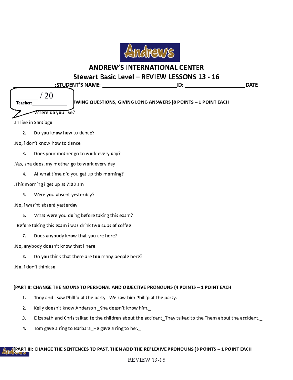 Review 13-16 - ANDREW’S INTERNATIONAL CENTER Stewart Basic Level ...