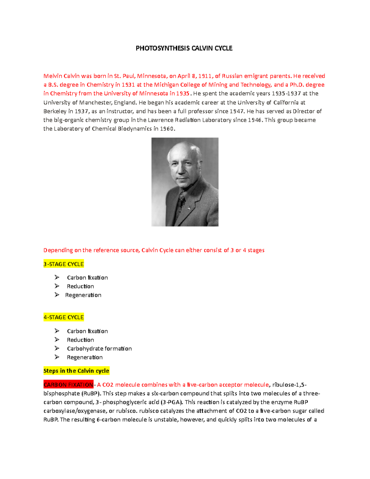 Photosynthesis Calvin Cycle - PHOTOSYNTHESIS CALVIN CYCLE Melvin Calvin ...