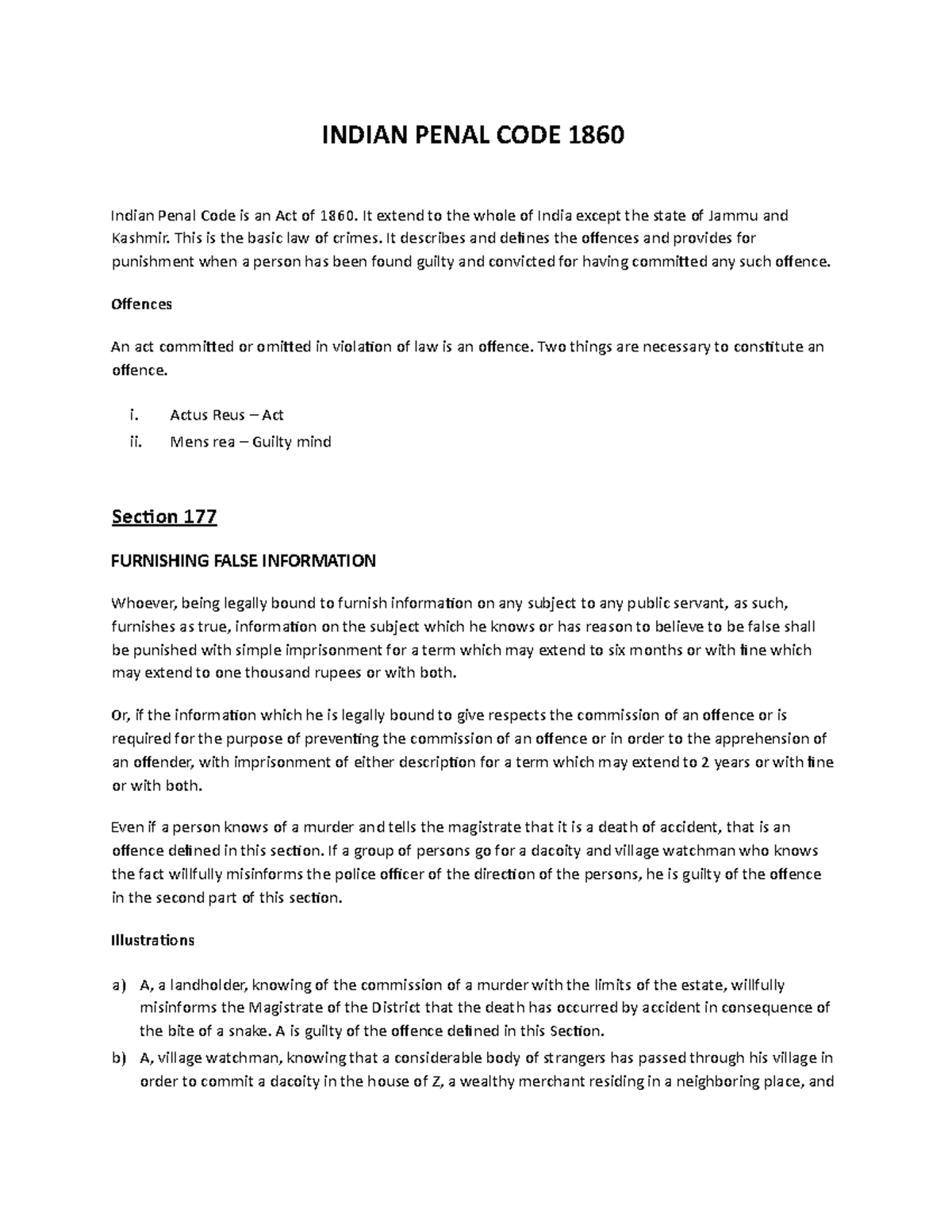 Document - Lecture notes - INDIAN PENAL CODE 1860 Indian Penal Code is ...