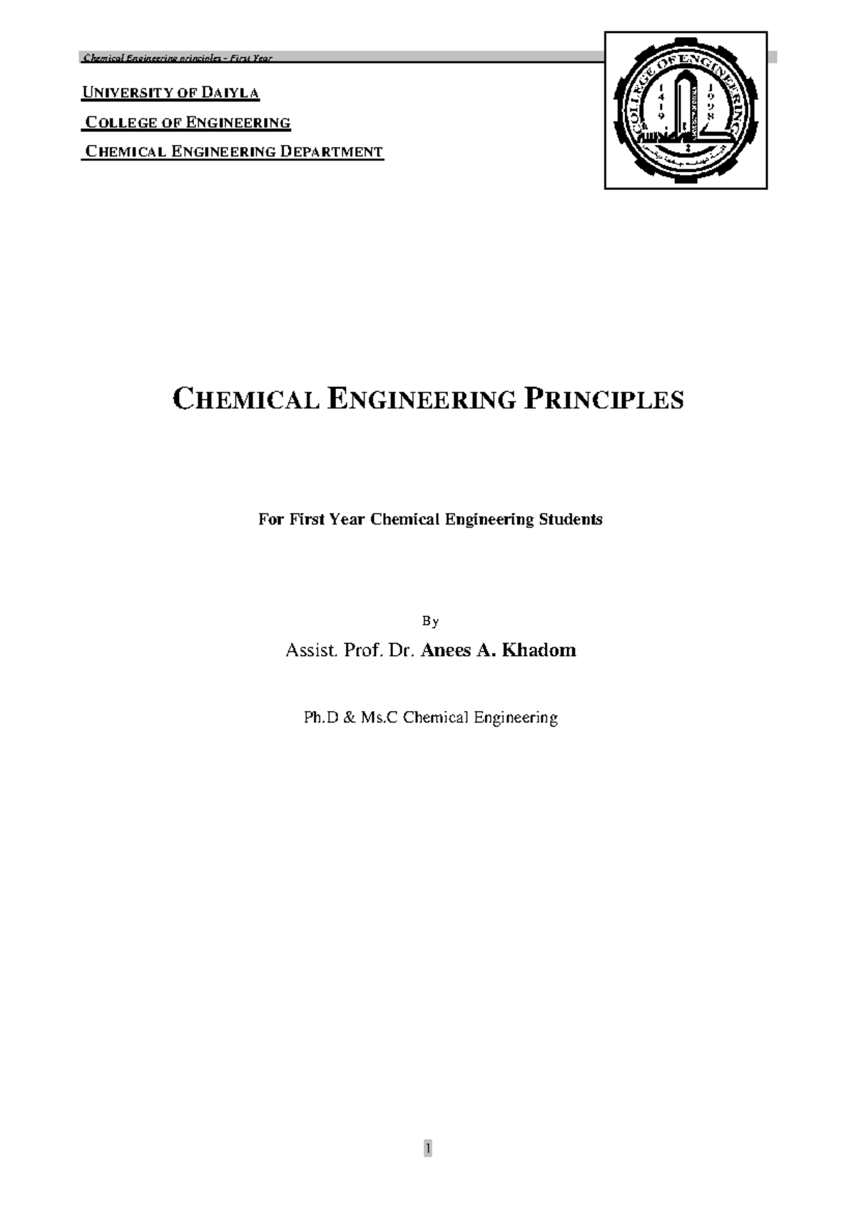 Chem Eng Principles - textbook - UNIVERSITY OF DAIYLA COLLEGE OF ...
