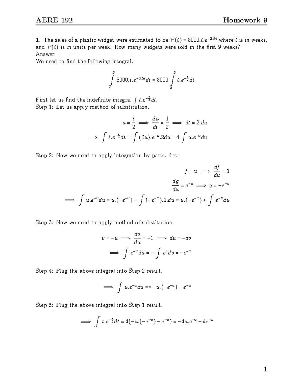 AERE 192 Homework 9 - AERE 192 Homework 9 The sales of a plastic widget ...