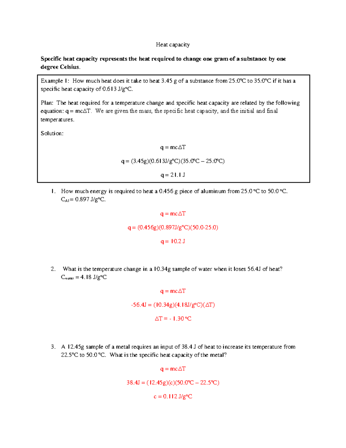 9.b Heat capacity Key - Homework - Heat capacity Specific heat capacity ...