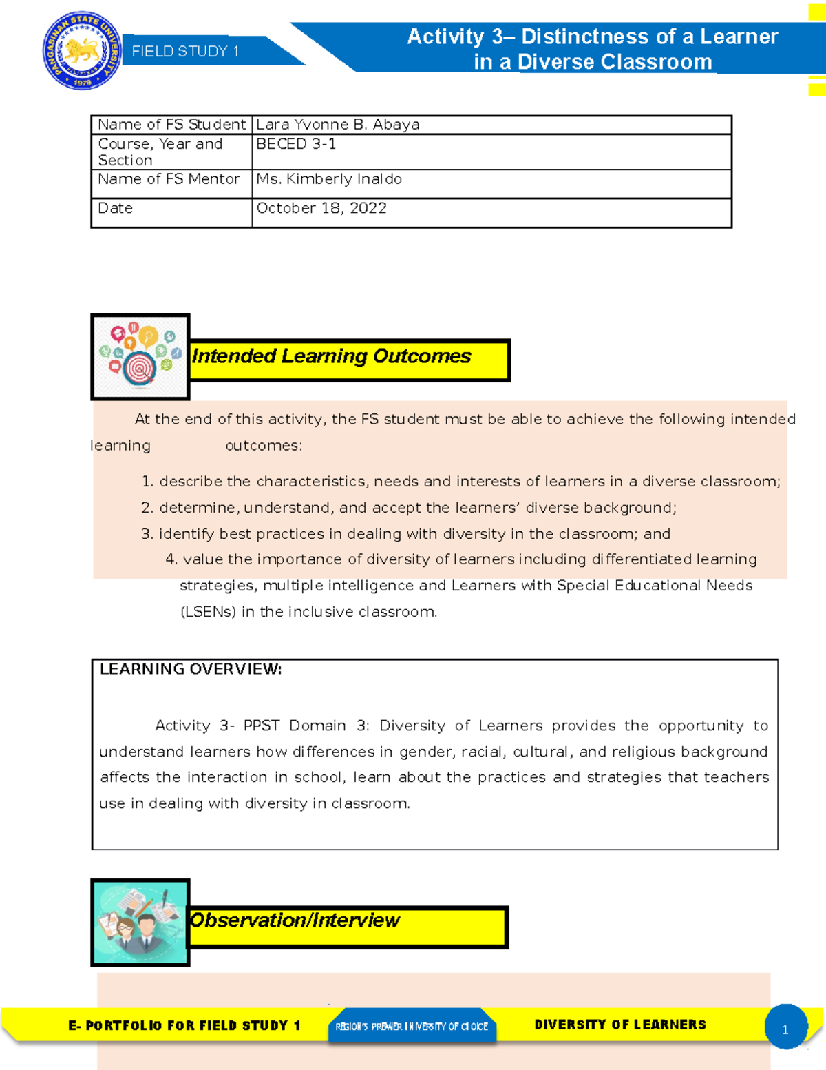 FS1-Activity-3 - THIS IS FIELD STUDY ACTIVITY GUIDE - Intended Learning ...