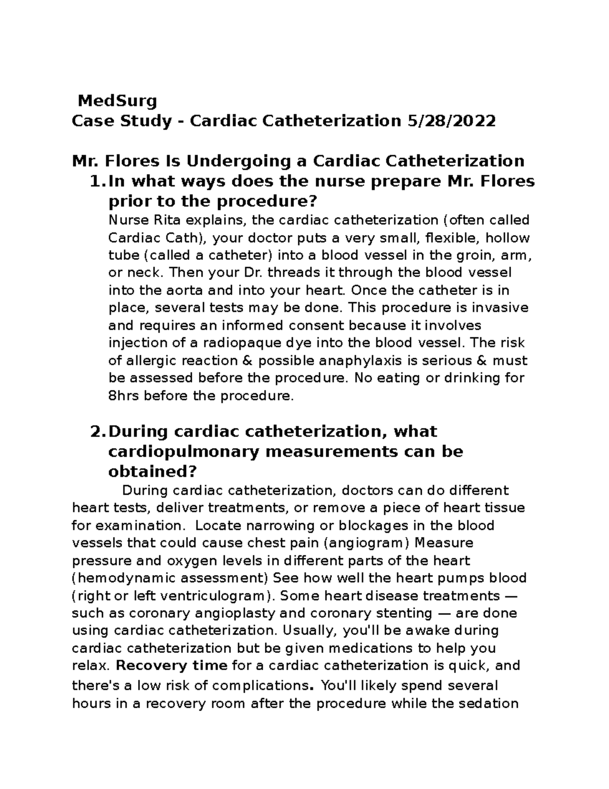 Cardiac Catheterization: Preparation Measurements and Instructions ...