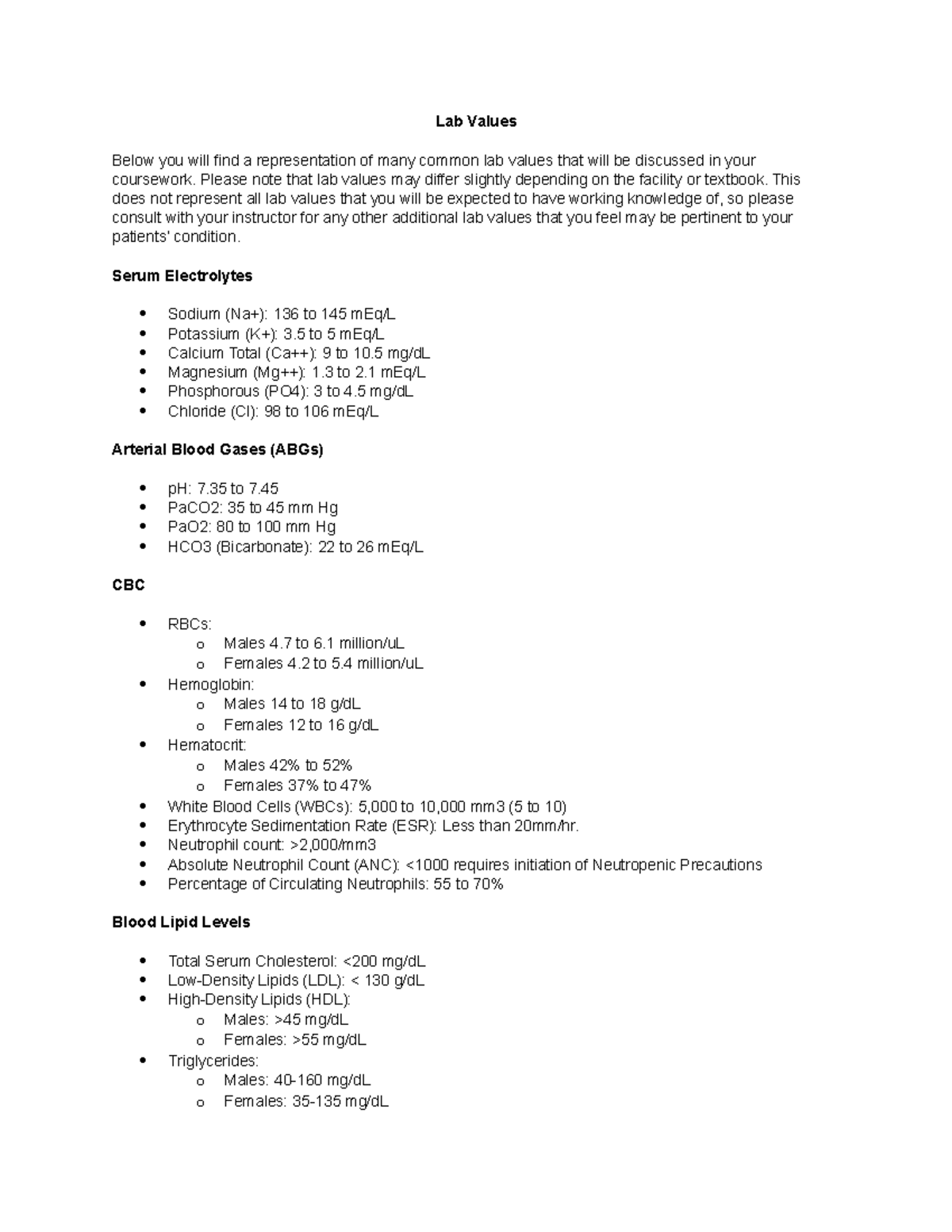 Lab Values & Therapeutic Levels - Lab Values Below you will find a ...