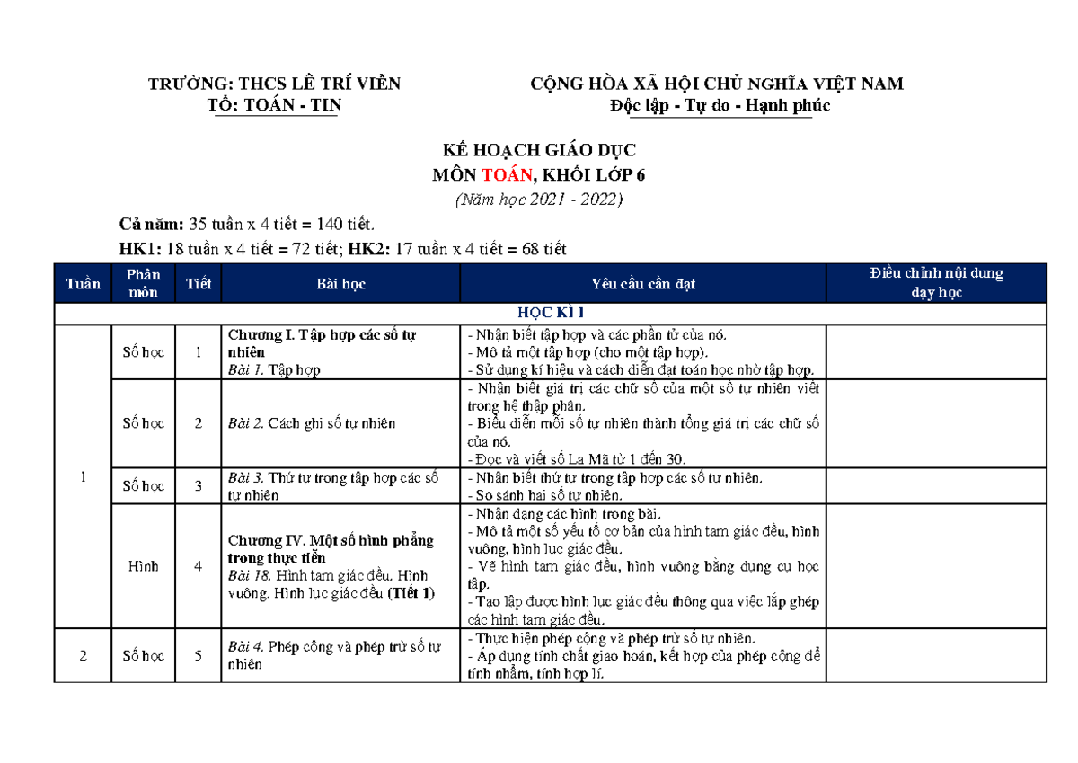 KHGD 6 4040 - Lesson plan - TRƯỜNG: THCS LÊ TRÍ VIỄN TỔ: TOÁN - TIN CỘNG HÒA XÃ HỘI CHỦ NGHĨA ...