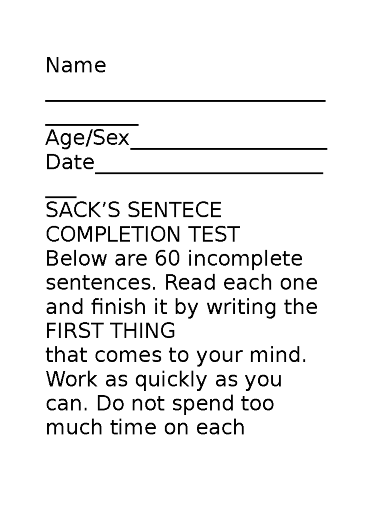 SSCT Questionnaire and Interpretation Guide - Name