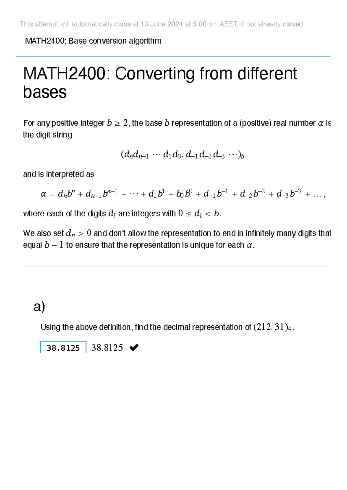 Week 2 Numbas lesson (Topic 2) - Base conversion algorithm - This attempt will automatically ...