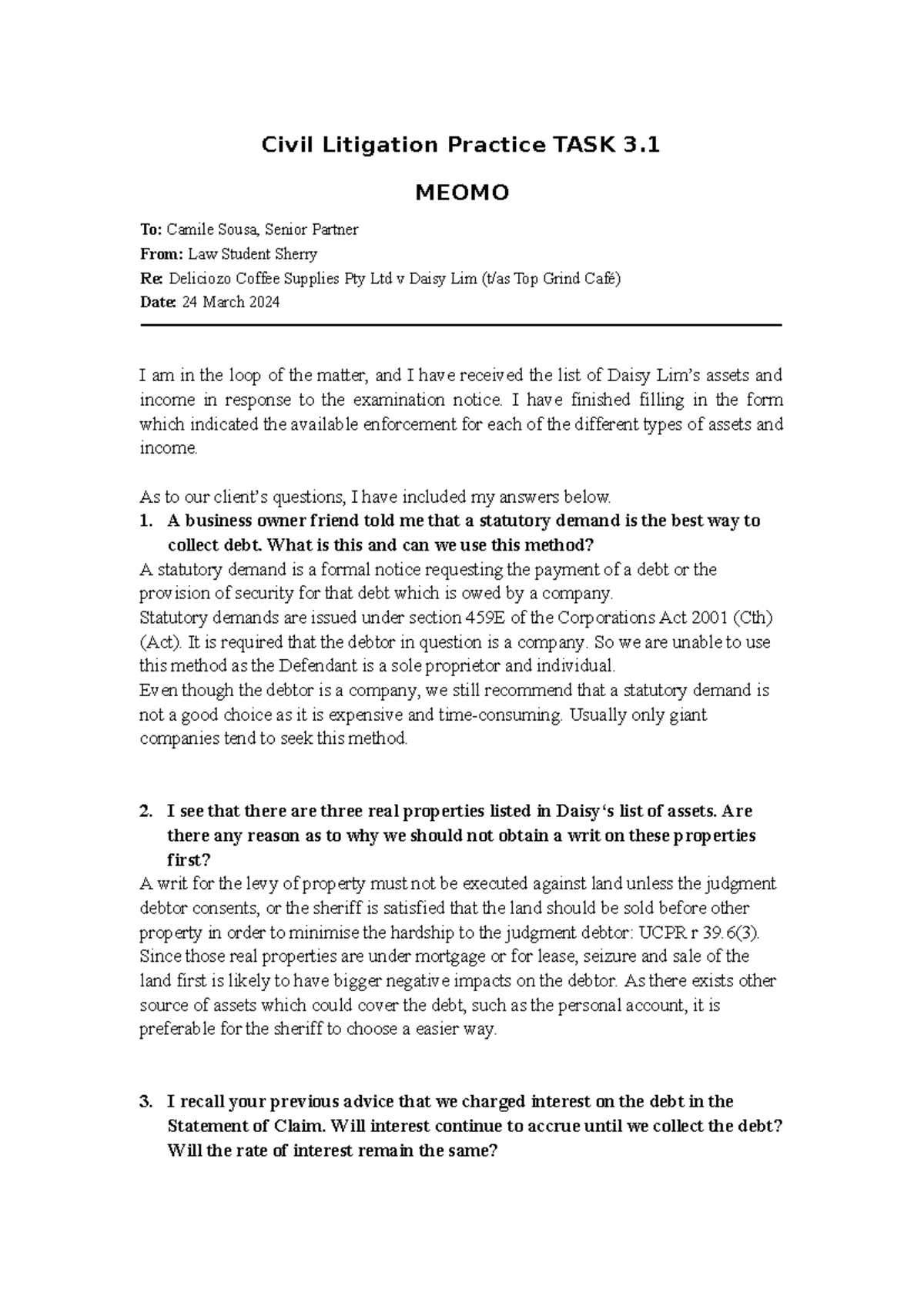 Memo Civil Litigation Practice Task 3 Meomo To Camile Sousa Senior