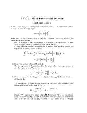 Problem Class 2 - Practice Questions - PHY213 - Stellar Structure and Evolution Problems Class 2 ...
