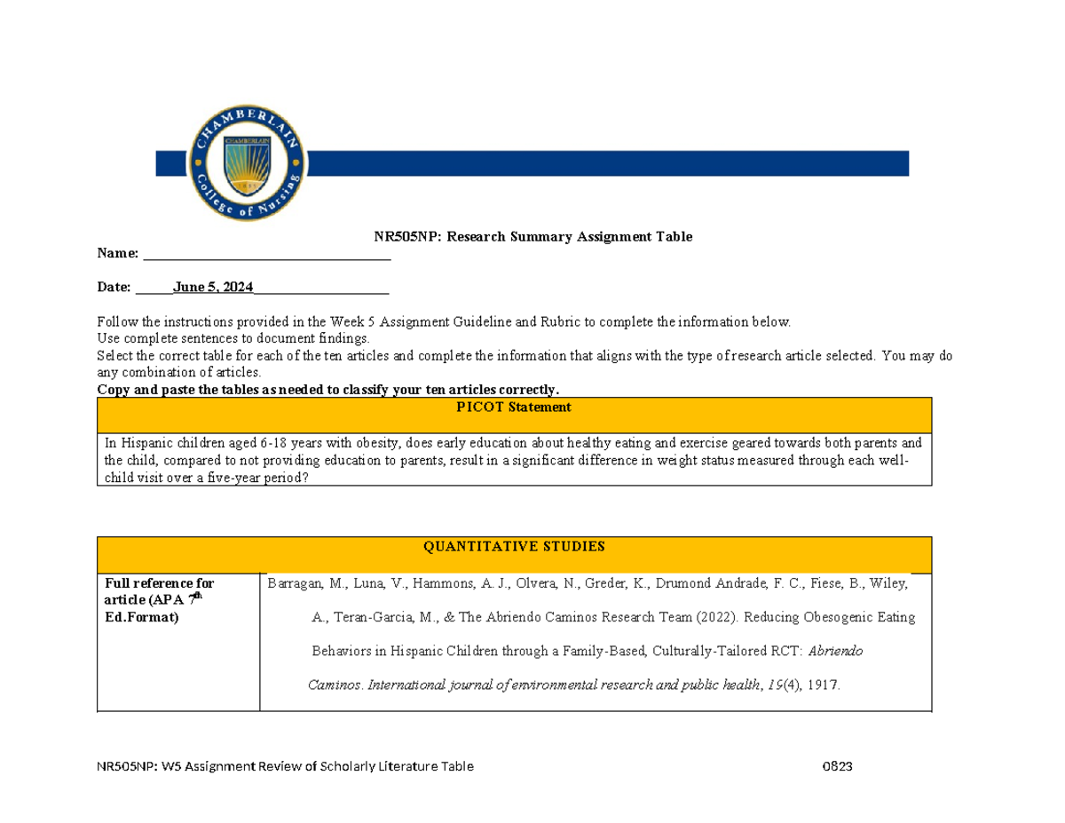 NR505NP Week 5 Research Summary Table Template V2 10 23 - NR505NP ...