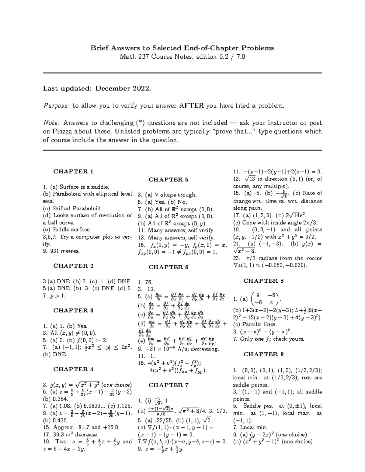 Math237 s23 notes answers - Brief Answers to Selected End-of-Chapter ...