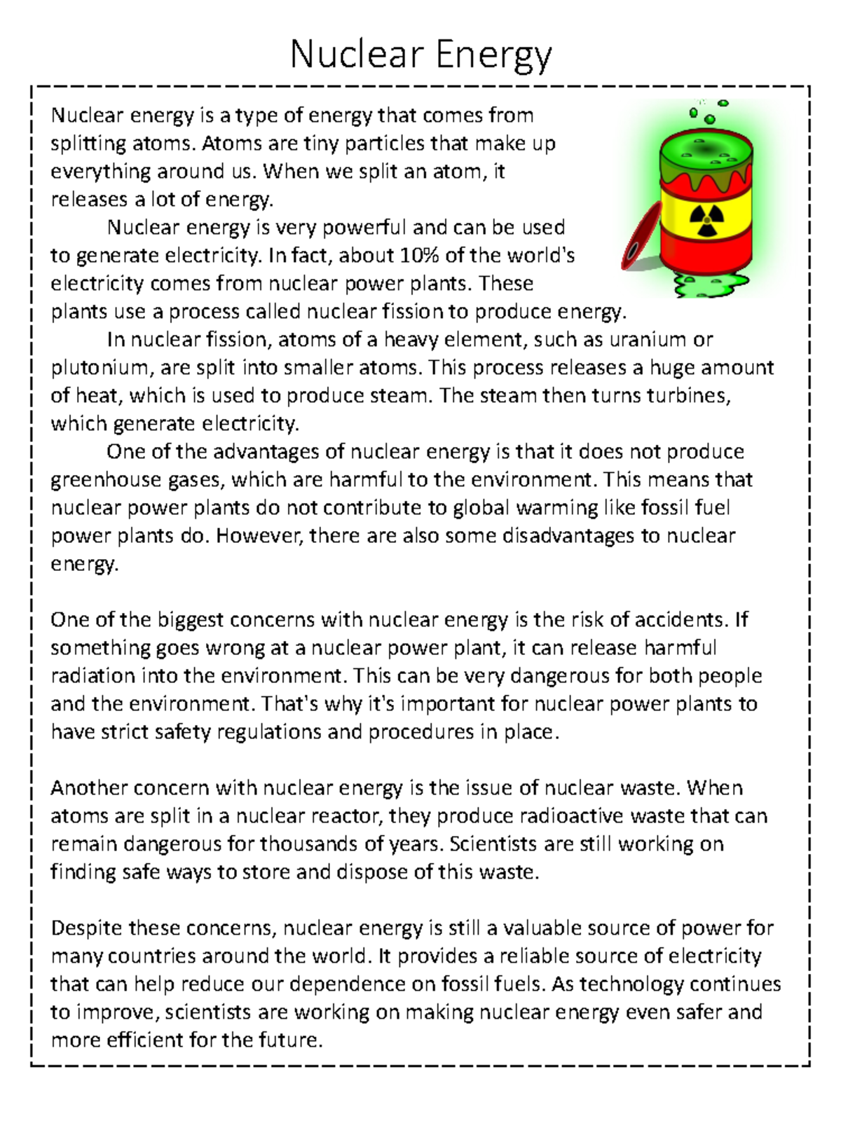 Nuclear Energy reading - Nuclear energy is a type of energy that comes ...
