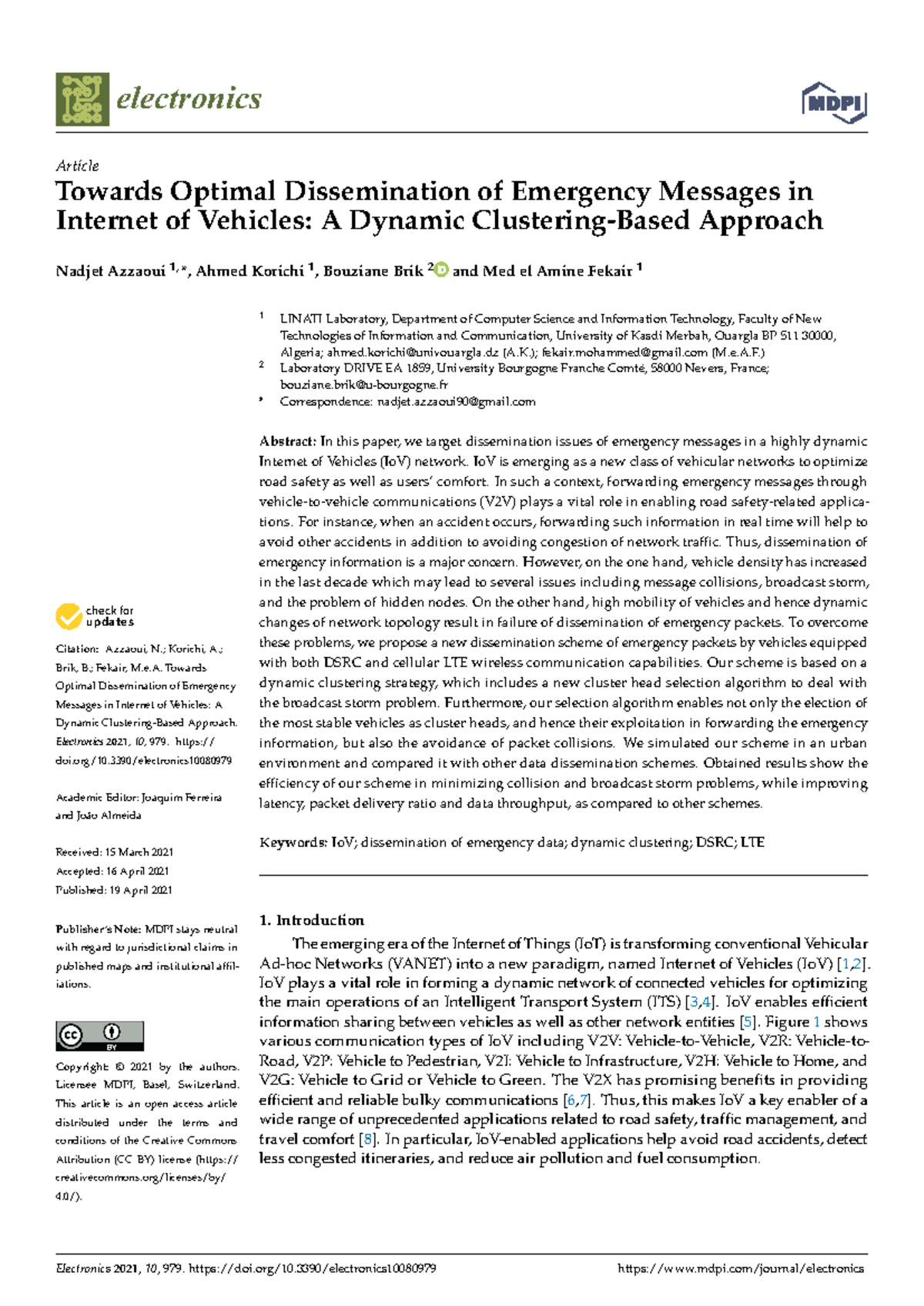 2021 - electronics Article Towards Optimal Dissemination of Emergency ...