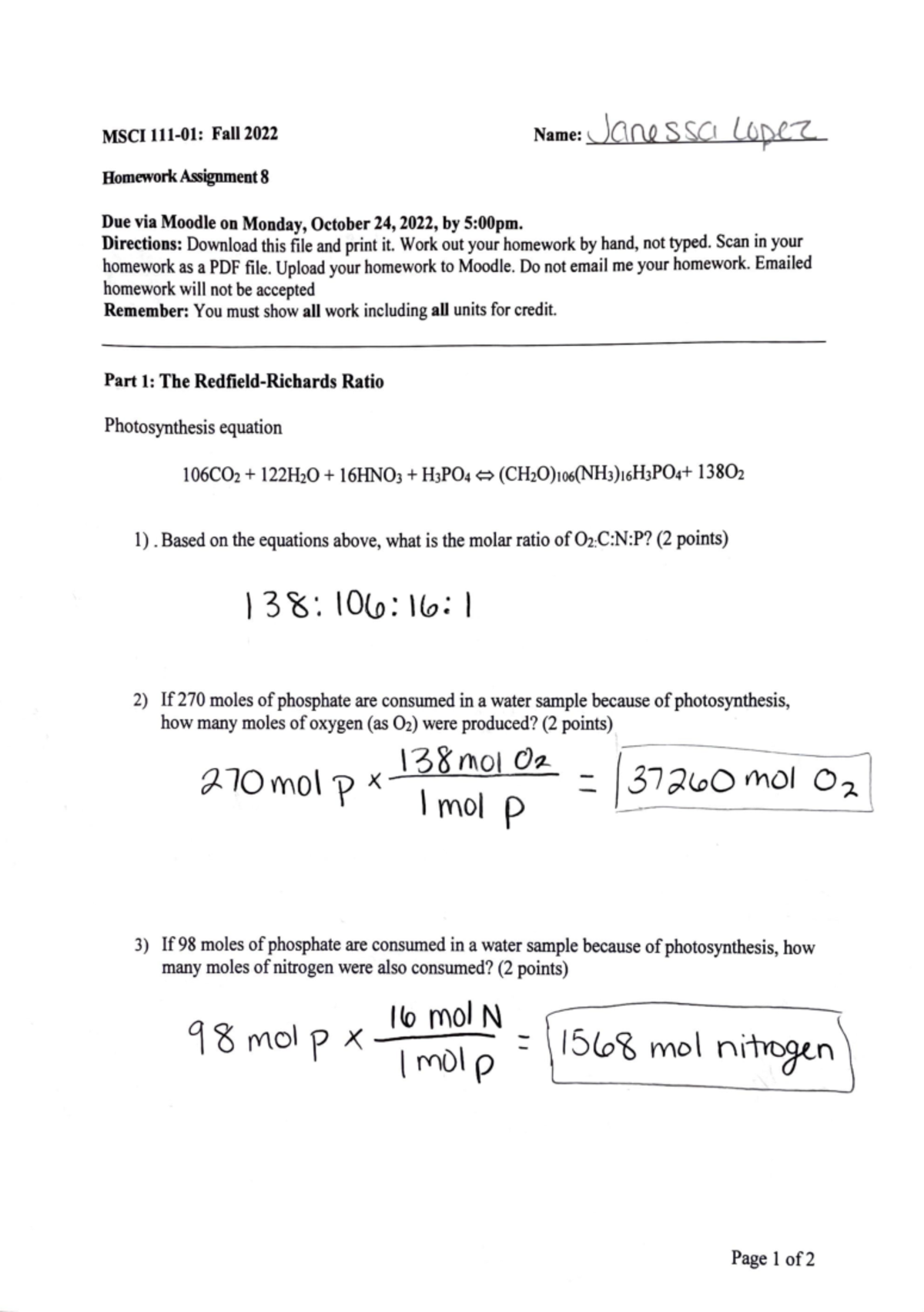 Homework 8 - MSCI 111-01: Fall 2022 Homework Assignment 8 N ame: . )C(\Q S &0 L6?£,-:Z. Due via ...