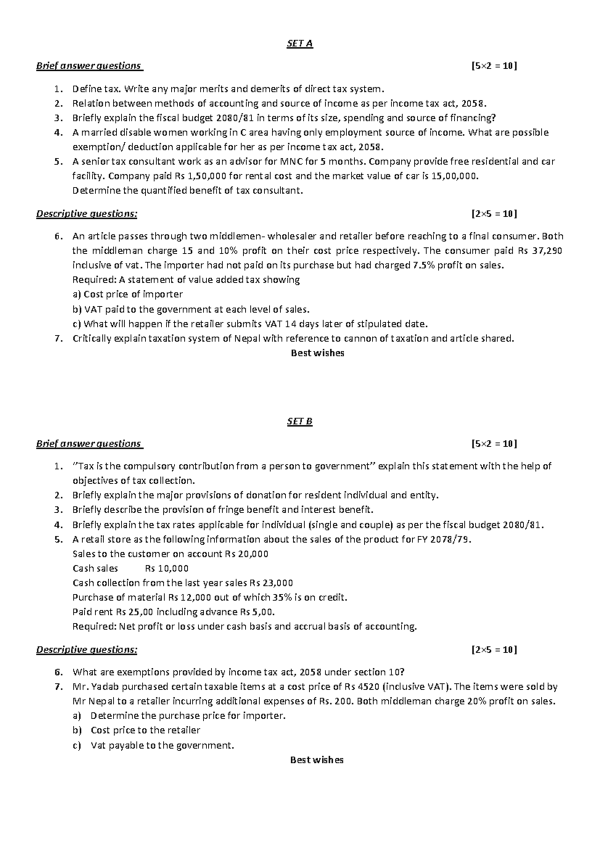 Tax-unit test - SET A Brief answer questions [5×2 = 10] 1. Define tax ...