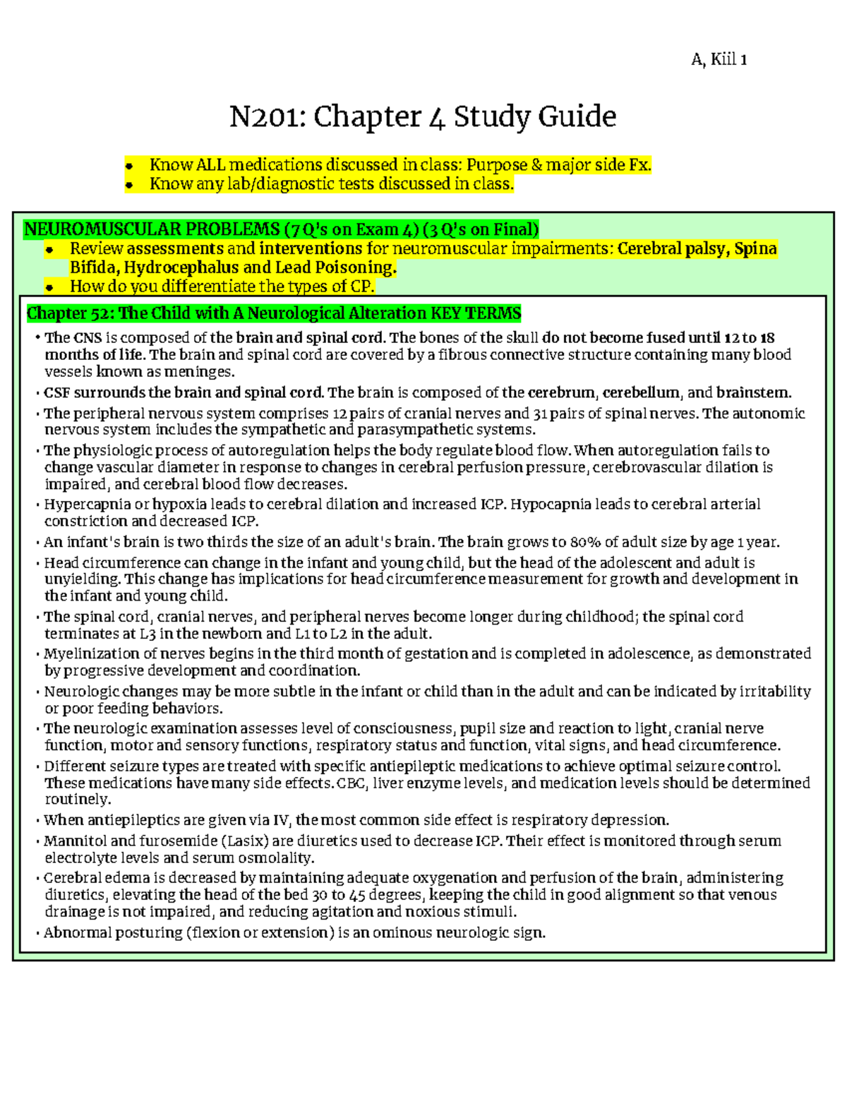 Exam 4 PEDS - Lecture notes 3 - A, Kiil 1 N201: Chapter 4 Study Guide ...
