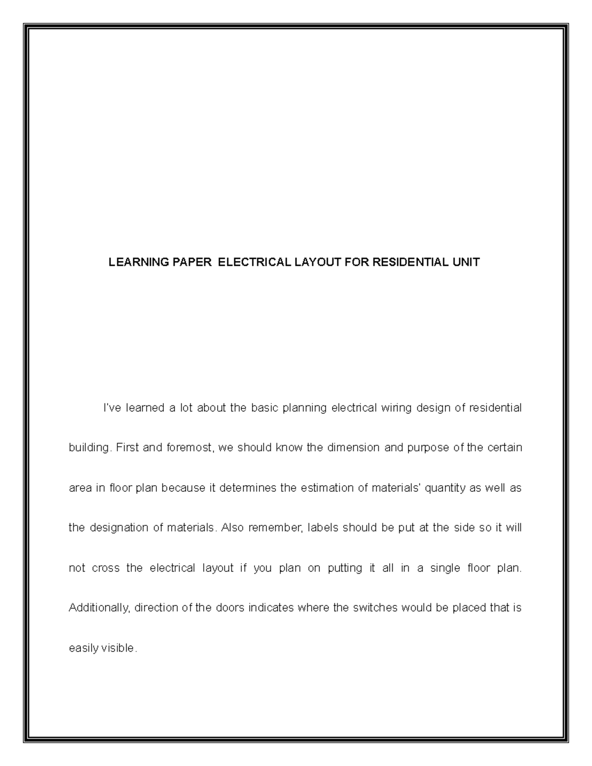 Learning Paper Electrical Layout FOR Residential UNIT 2 - LEARNING ...
