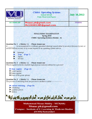 CS604 - Midterm Solved Mcqs with references by Moaaz - CS604 - Operating System Solved MCQS From ...