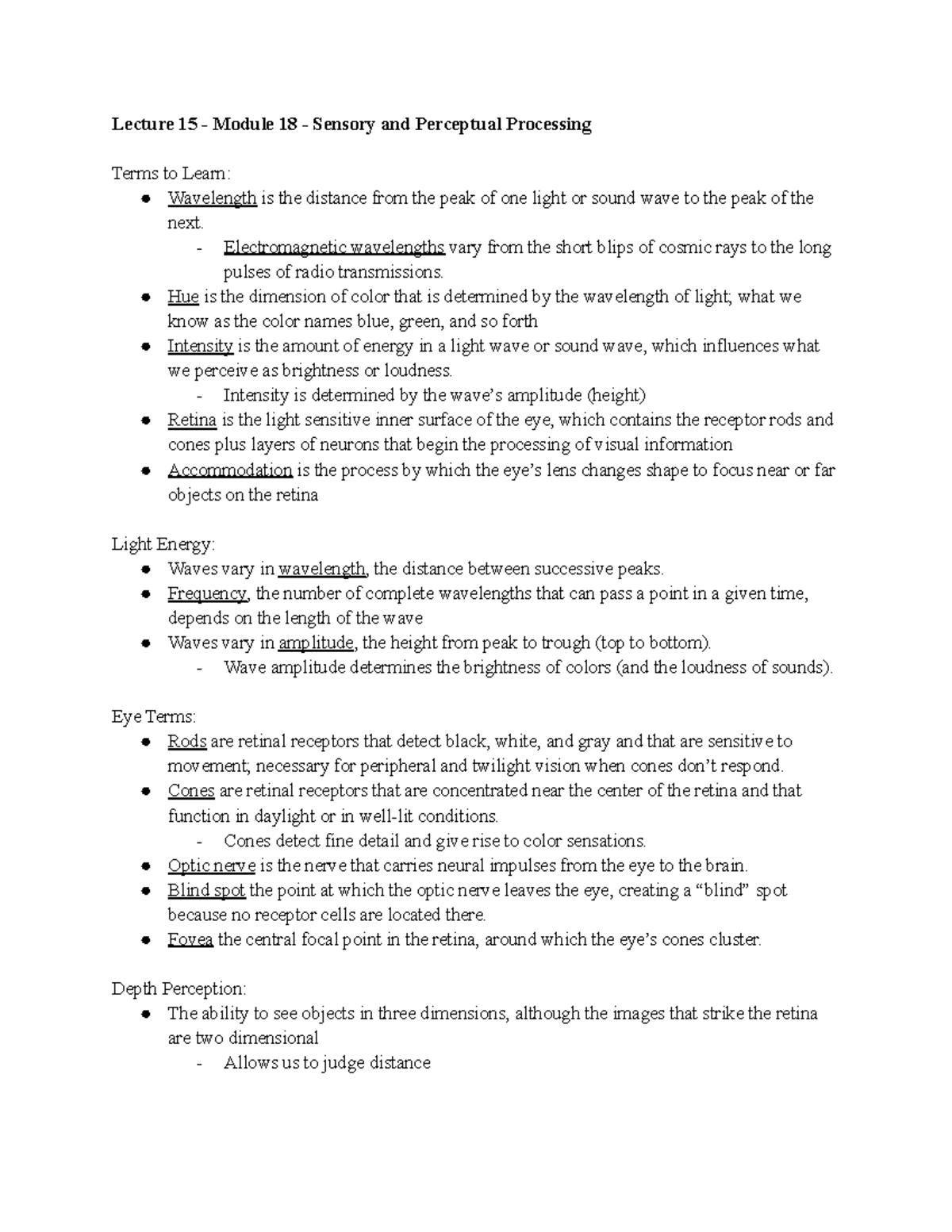 Psyc 111 Lecture 15 Module 18 Notes Lecture 15 Module 18 Sensory