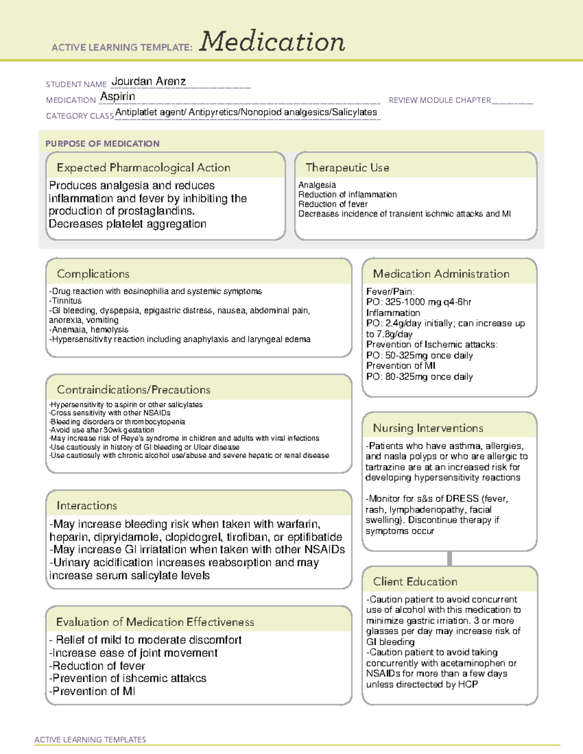 Asprin - Aspirin medicaiton template - ACTIVE LEARNING TEMPLATES ...