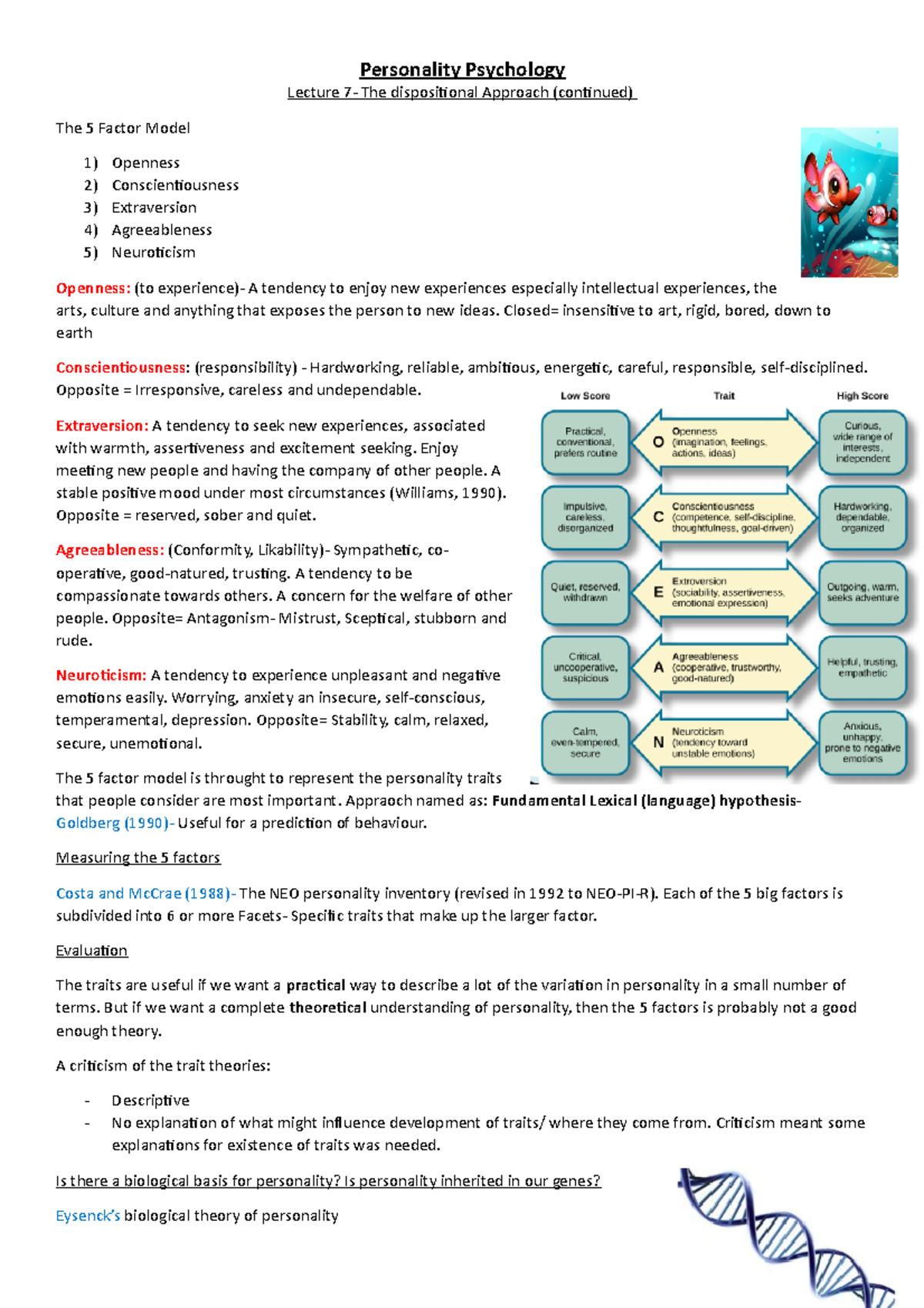 Lecture 7 - Personality Psychology Lecture 7- The dispositional ...