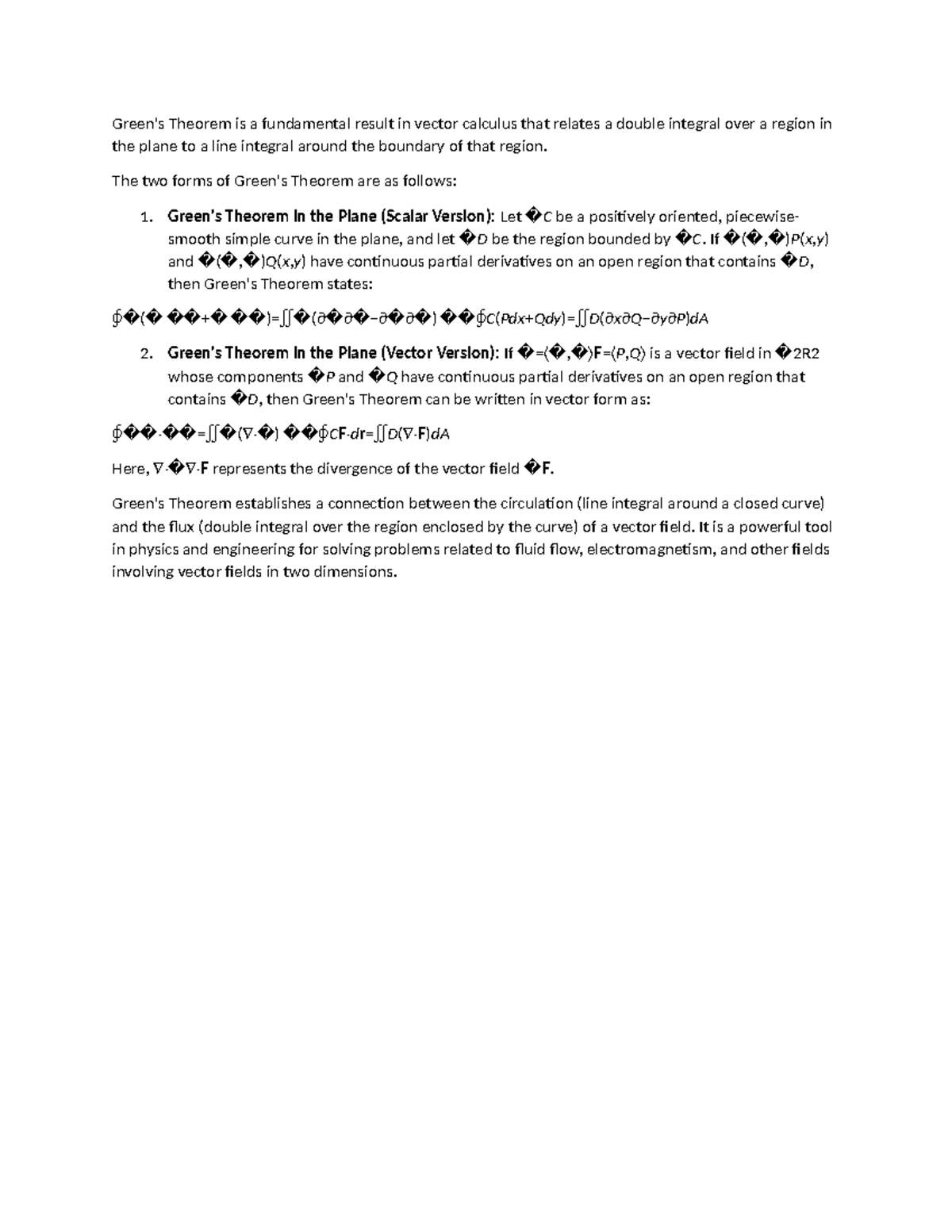 Green - Summary Applied Advanced Calculus - Green's Theorem is a ...