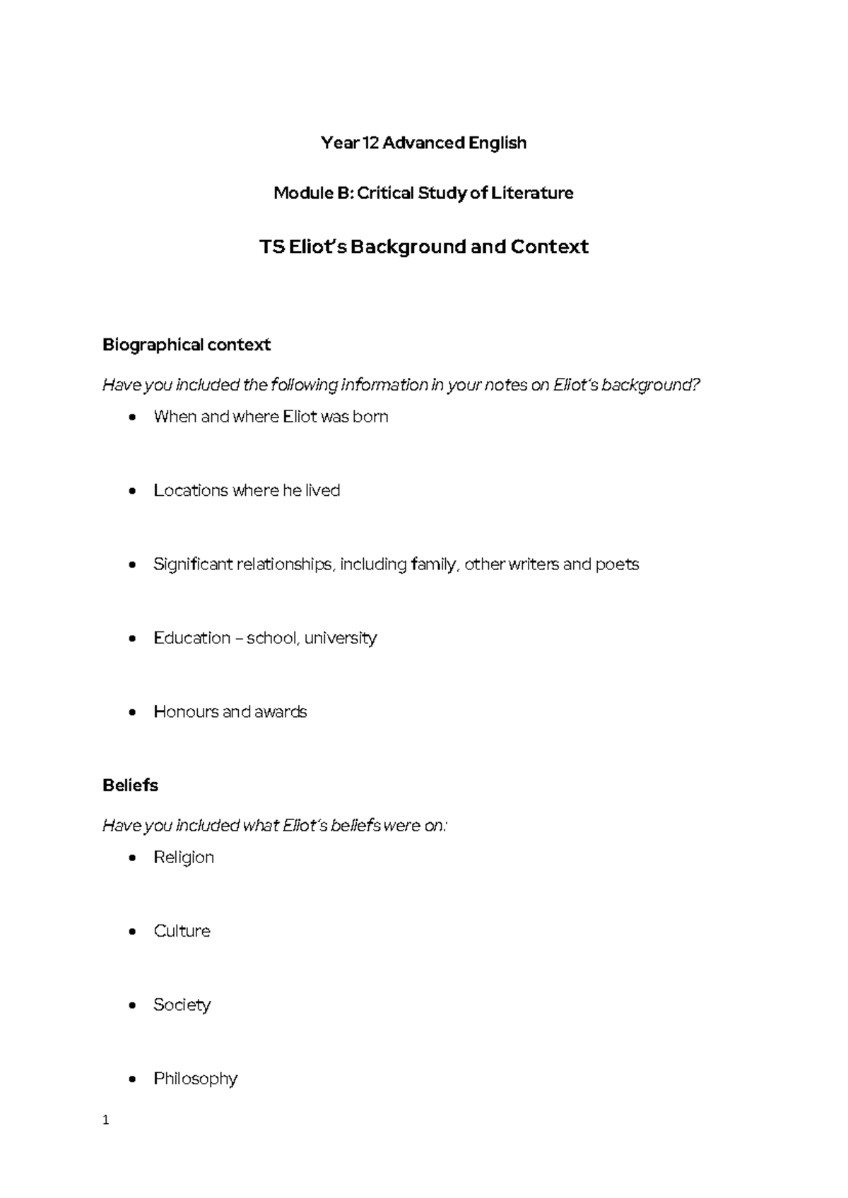 2023 T.S Eliot's Background and Context - 1 Year 12 Advanced English ...