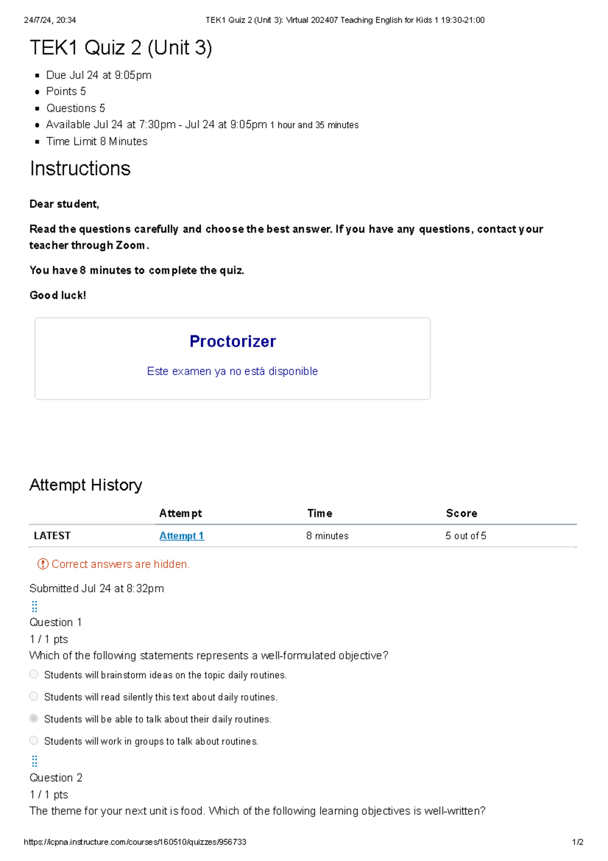 TEK1 Quiz 2 (Unit 3) Virtual 202407 Teaching English for Kids 1 19 30-21 00 2 - TEK1 Quiz 2 ...