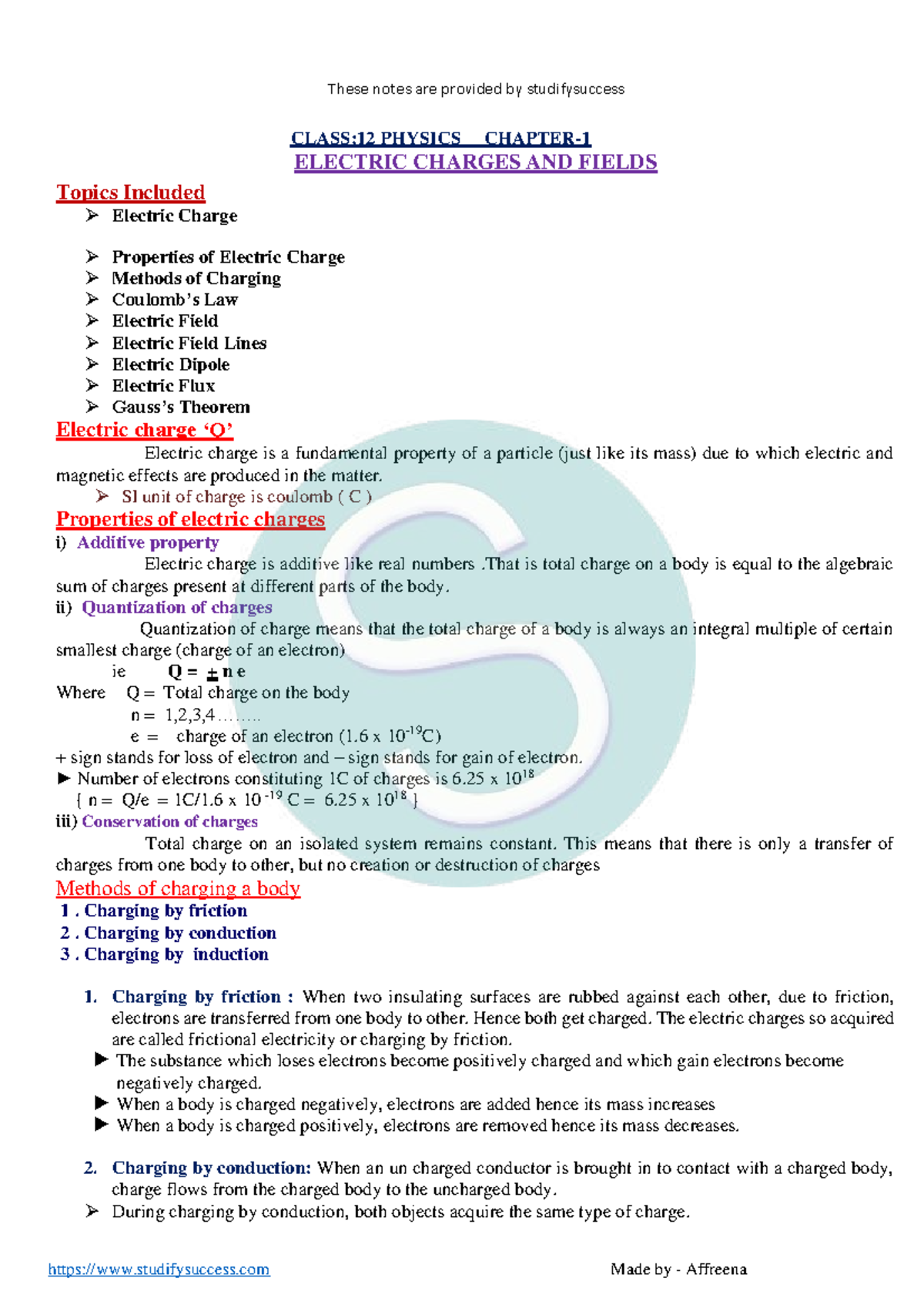 Class 12 physics ch-1 notes - Topics Included Electric Charge CLASS:12 ...