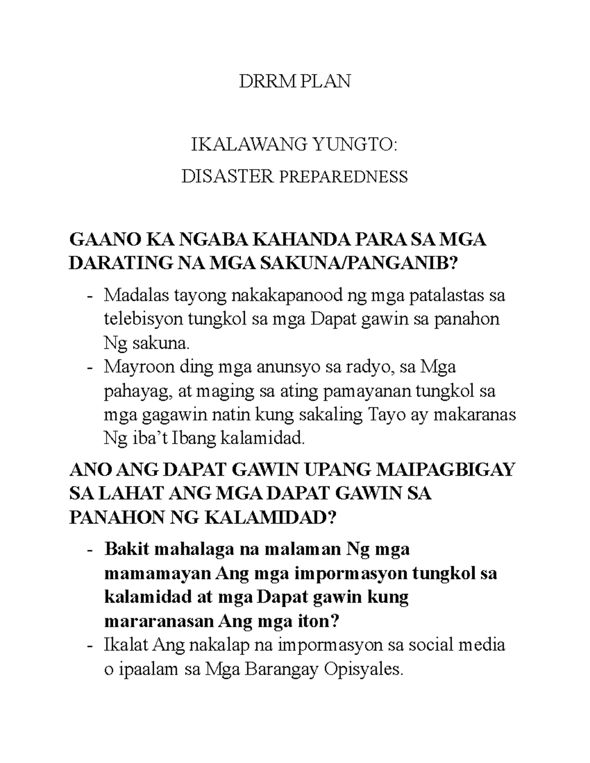 DRRM PLAN - It's help you - DRRM PLAN IKALAWANG YUNGTO: DISASTER ...