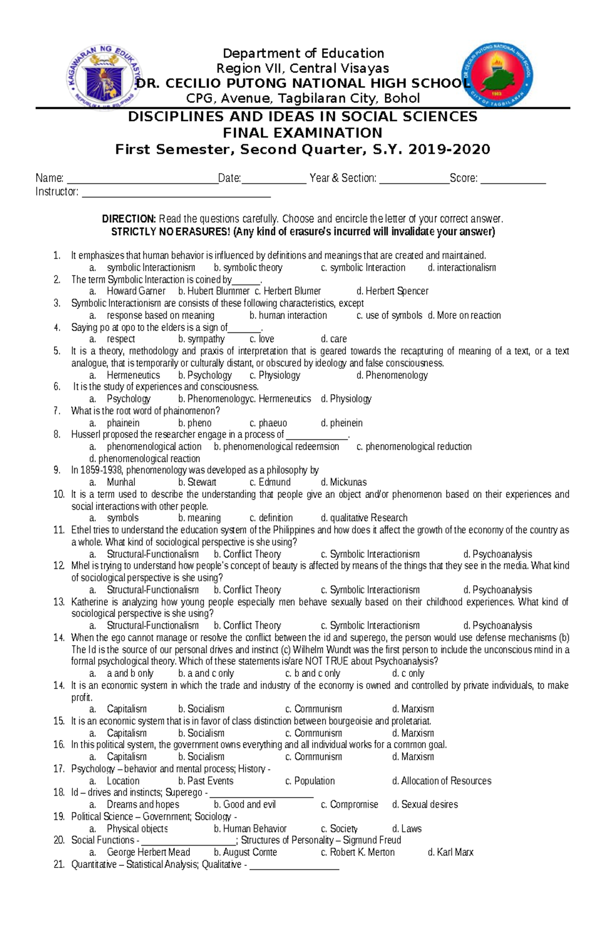 DISS Final Exam - Department of Education Region VII, Central Visayas DR. CECILIO PUTONG ...