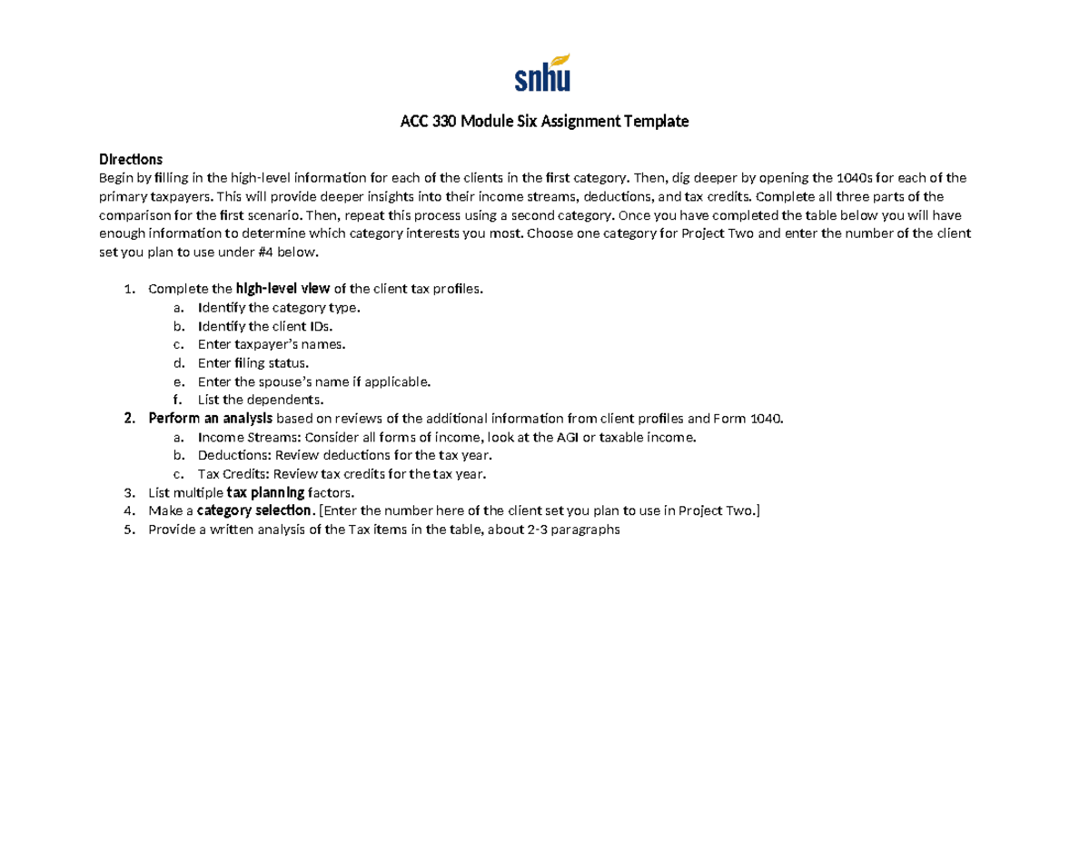 ACC 330 Module Six Assignment Template compare 2 use - ACC 330 Module ...