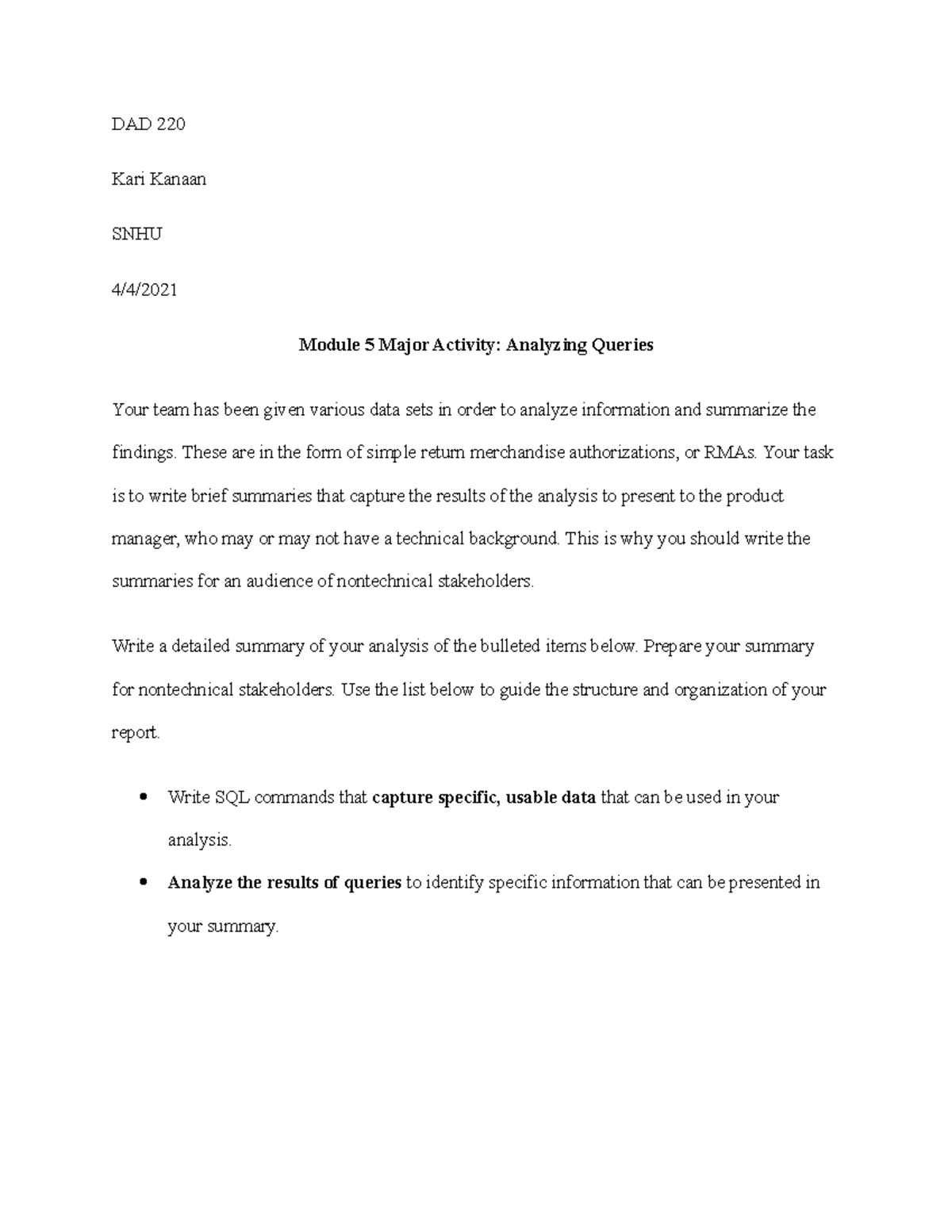 DAD 220 module 5 major activity intro to structural database env. - DAD ...